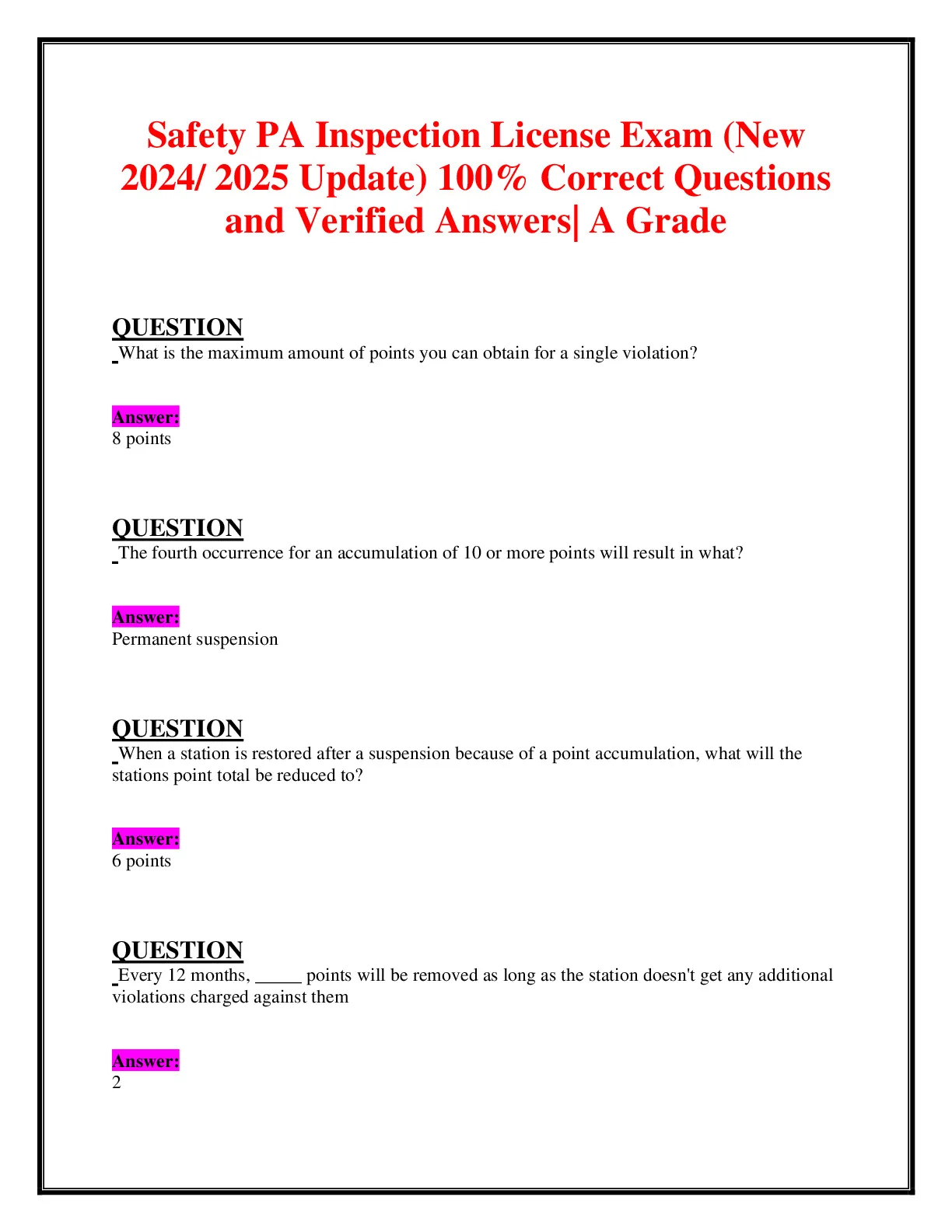 Safety PA Inspection License Exam (New 2024/ 2025 Update) 100% Correct ...