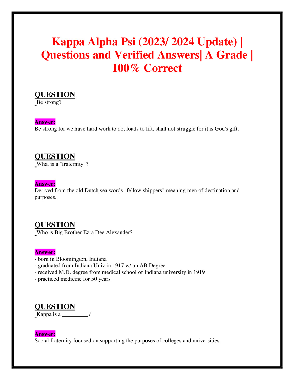 Kappa Alpha Psi Guide (New 2023/ 2024 Update) Questions and Verified ...