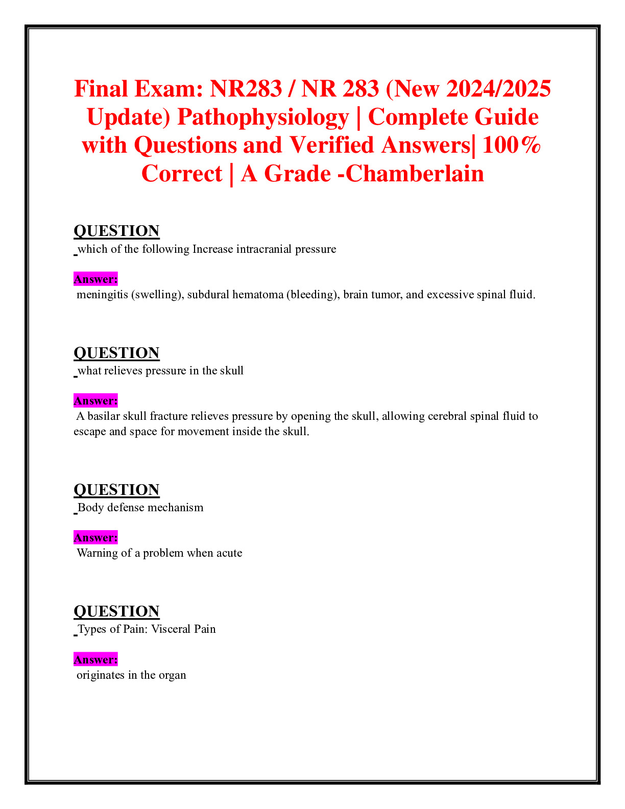 Final Exam: NR283 / NR 283 (New 2024/2025 Update) Pathophysiology ...