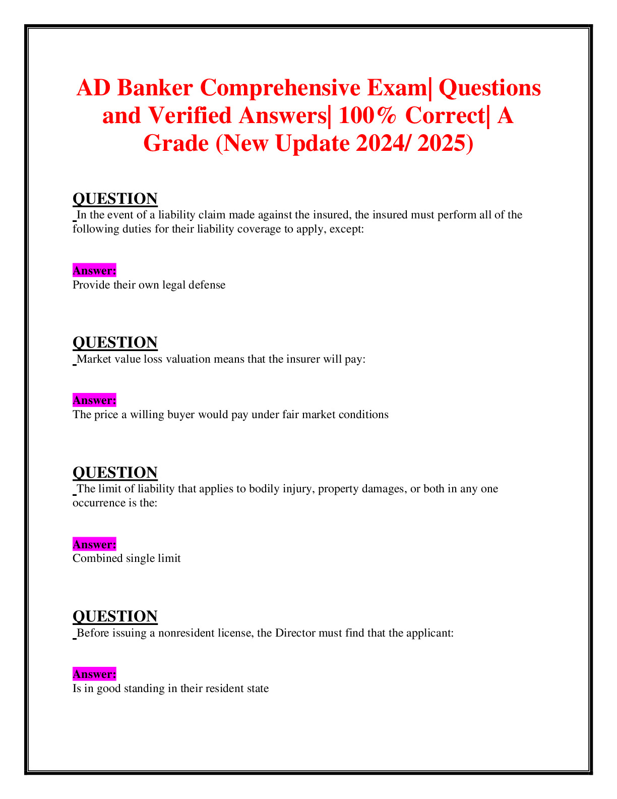 AD Banker Comprehensive Exam| Questions and Verified Answers| 100% ...