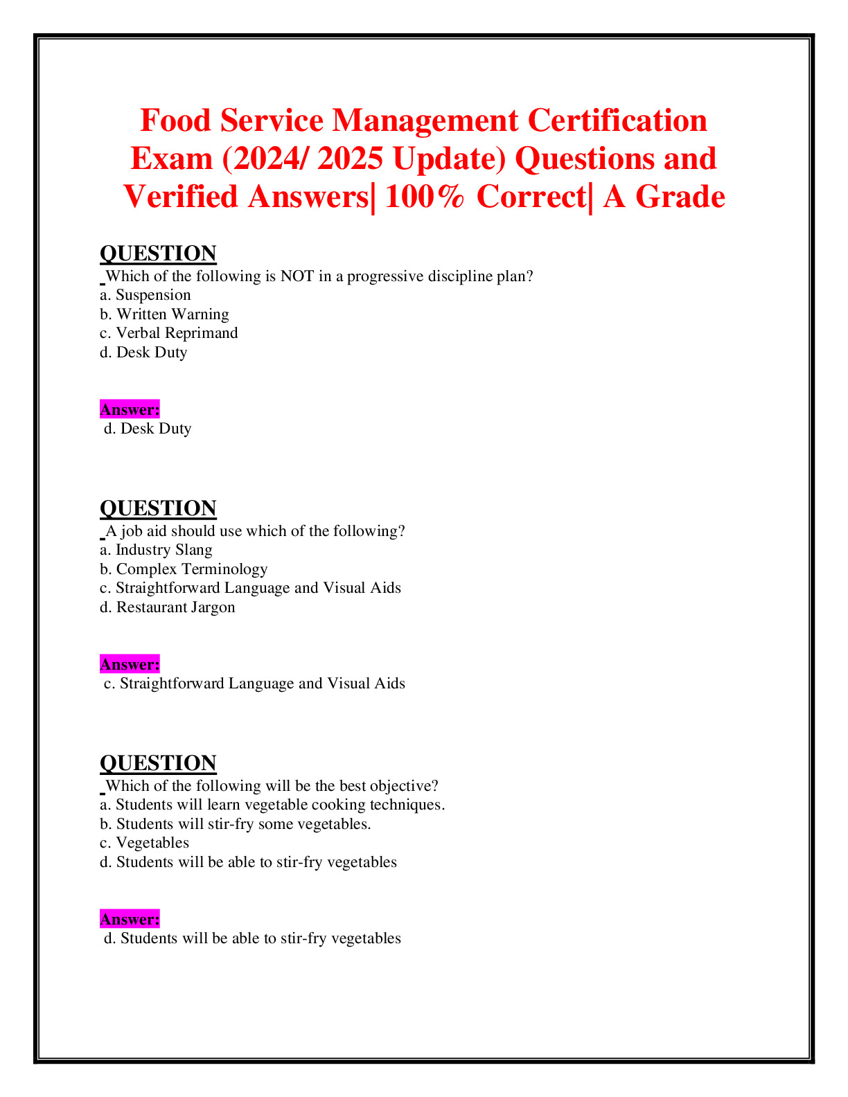 Food Service Management Certification Exam (2024/ 2025 Update ...
