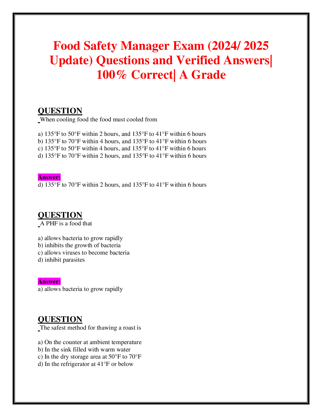 Food Safety Manager Exam 100 Correct Questions And Verified Answers