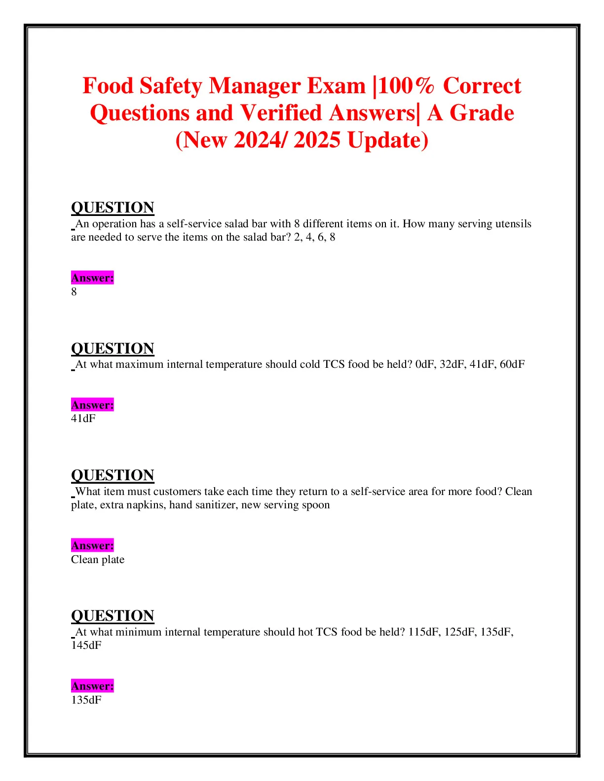 Food Safety Manager Exam |100% Correct Questions and Verified Answers ...