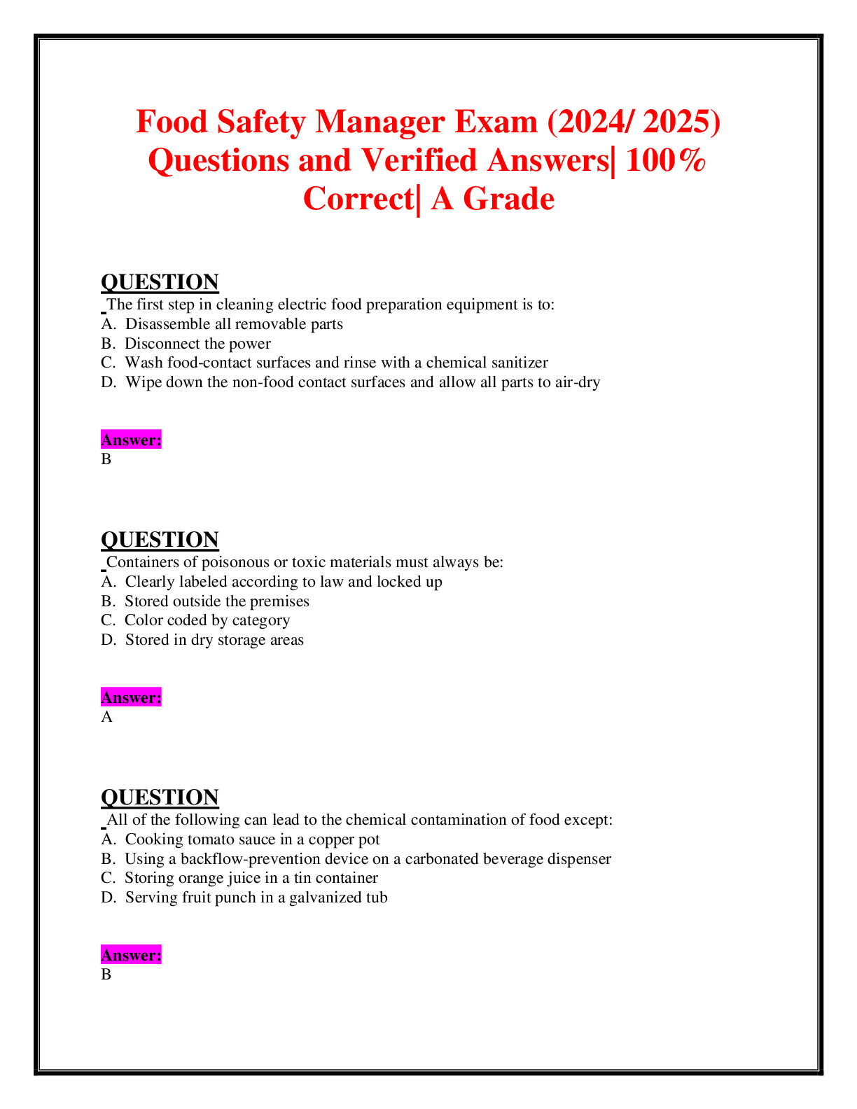 Food Safety Manager Exam Questions And Verified Answers 100 Correct