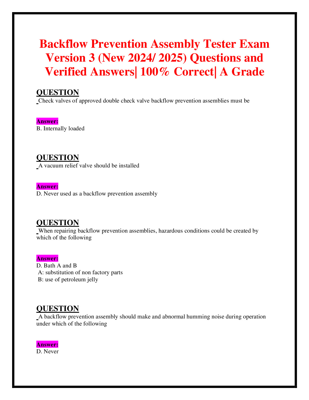 Backflow Prevention Assembly Tester Exam Version 3 (New 2024/ 2025 ...