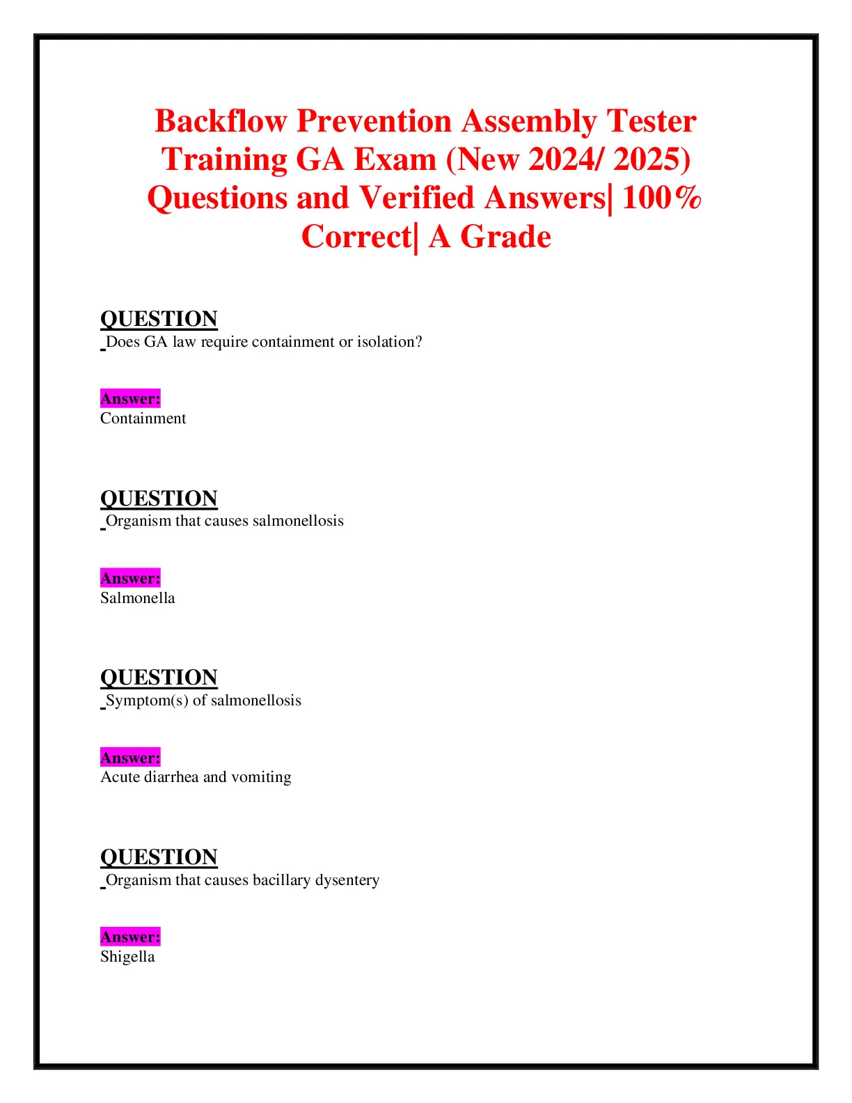 Backflow Prevention Assembly Tester Training GA Exam (New 2024/ 2025 ...