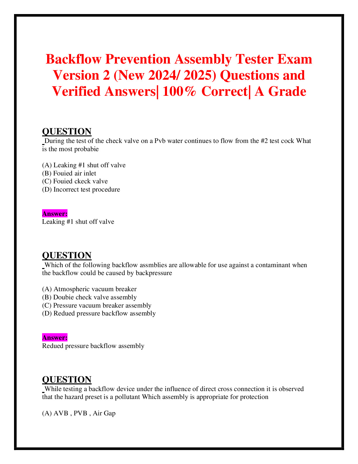 Backflow Prevention Assembly Tester Exam Version 2 (New 2024/ 2025 ...
