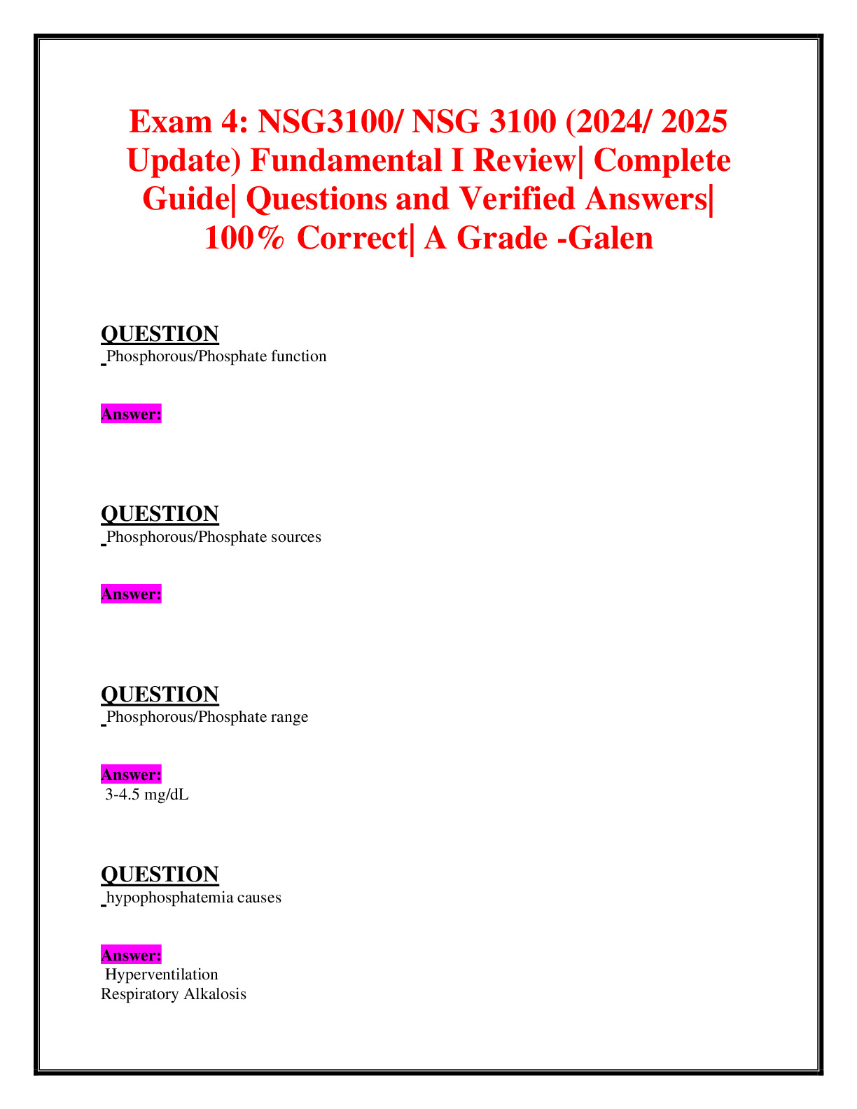 Exam 1,Exam 2,Exam 3,Exam 4 & Final Exams: NSG3100/ NSG 3100 (New 2024/ ...