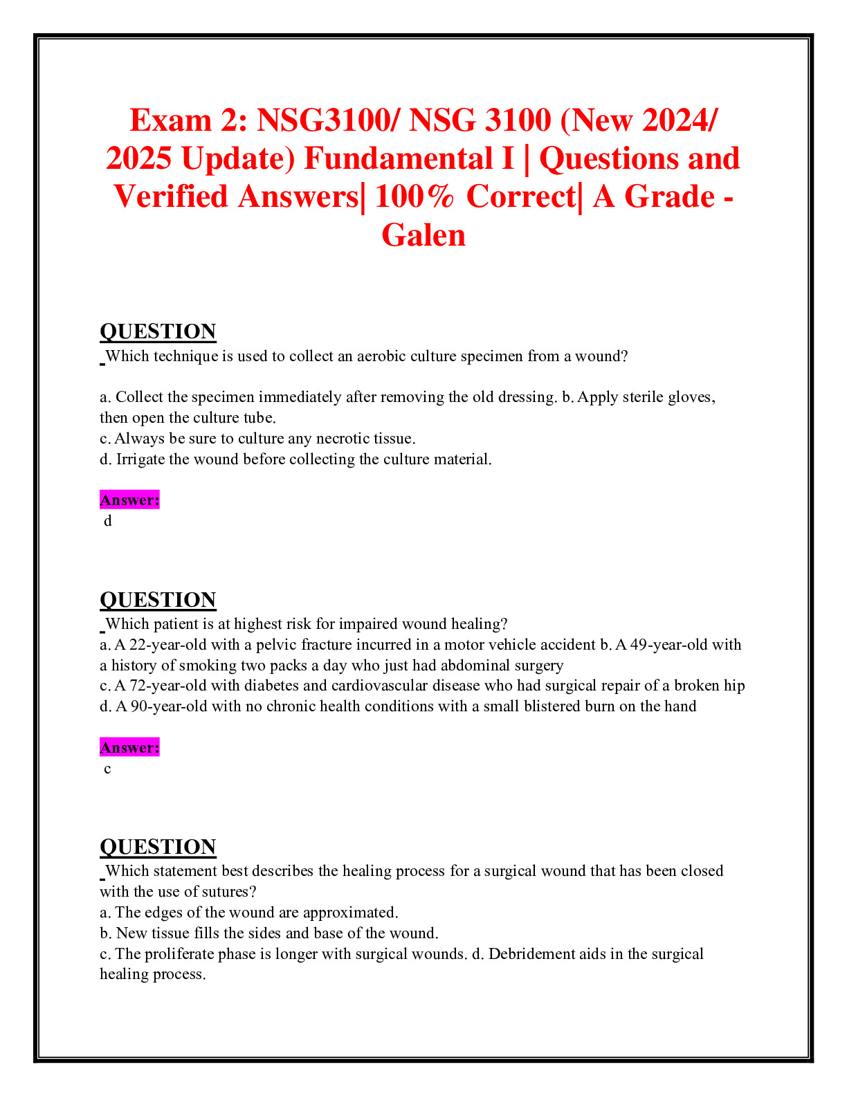 Exam 2: NSG3100/ NSG 3100 (New 2024/ 2025 Update) Fundamental I | Questions and Verified Answers ...