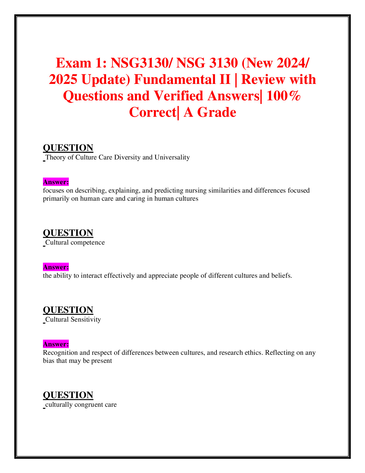 Exam 1: NSG3130/ NSG 3130 (New 2024/ 2025 Update) Fundamental II | Review with Questions and ...