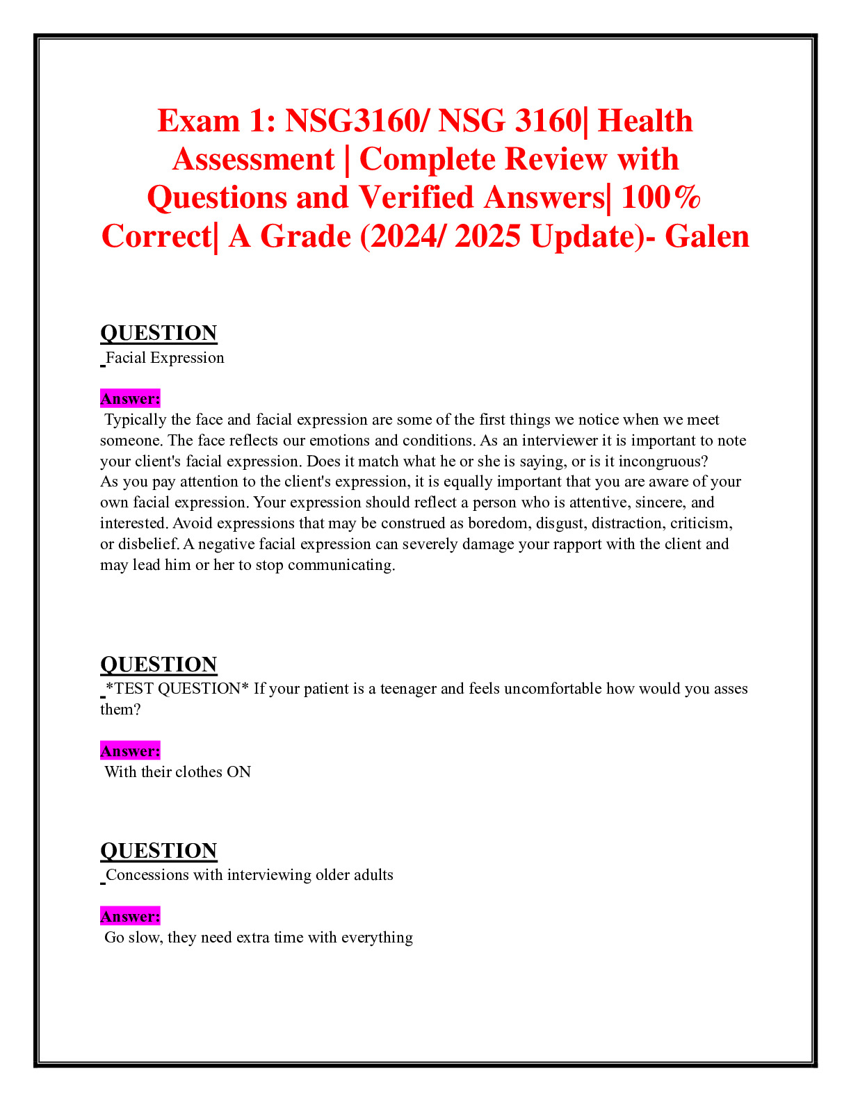 Exam 1 Nsg3160 Nsg 3160 New 2024 2025 Updates Bundled Together With Complete Solutions