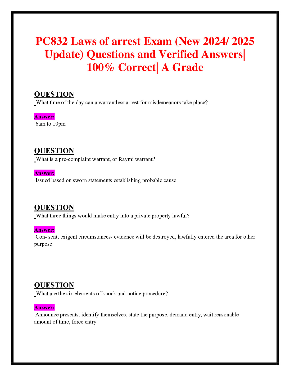 PC832 Laws of arrest Exam (New 2024/ 2025 Update) Questions and ...