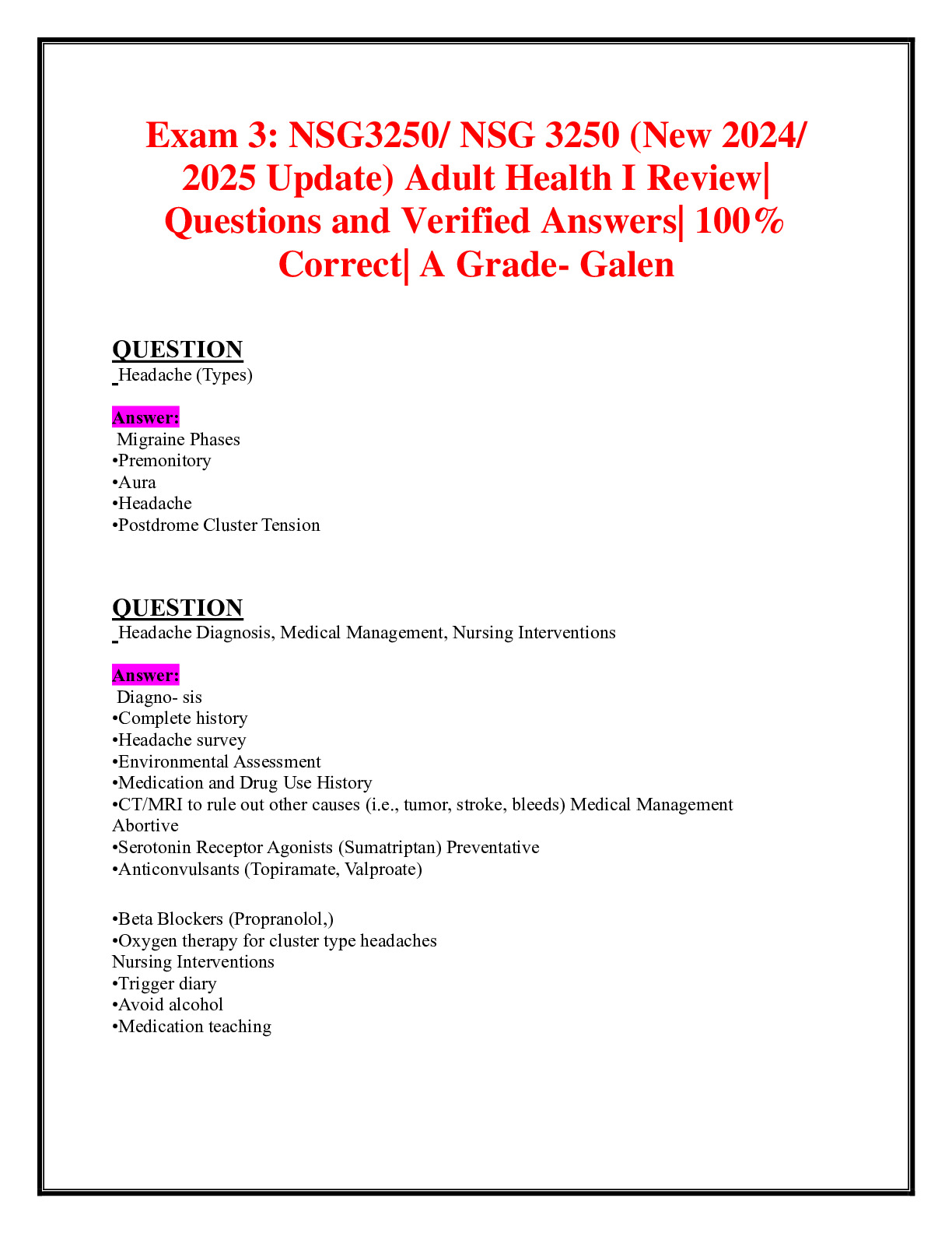 Exam 3: NSG3250/ NSG 3250 (New 2024/ 2025 Update) Adult Health I | Complete Guide with Questions ...