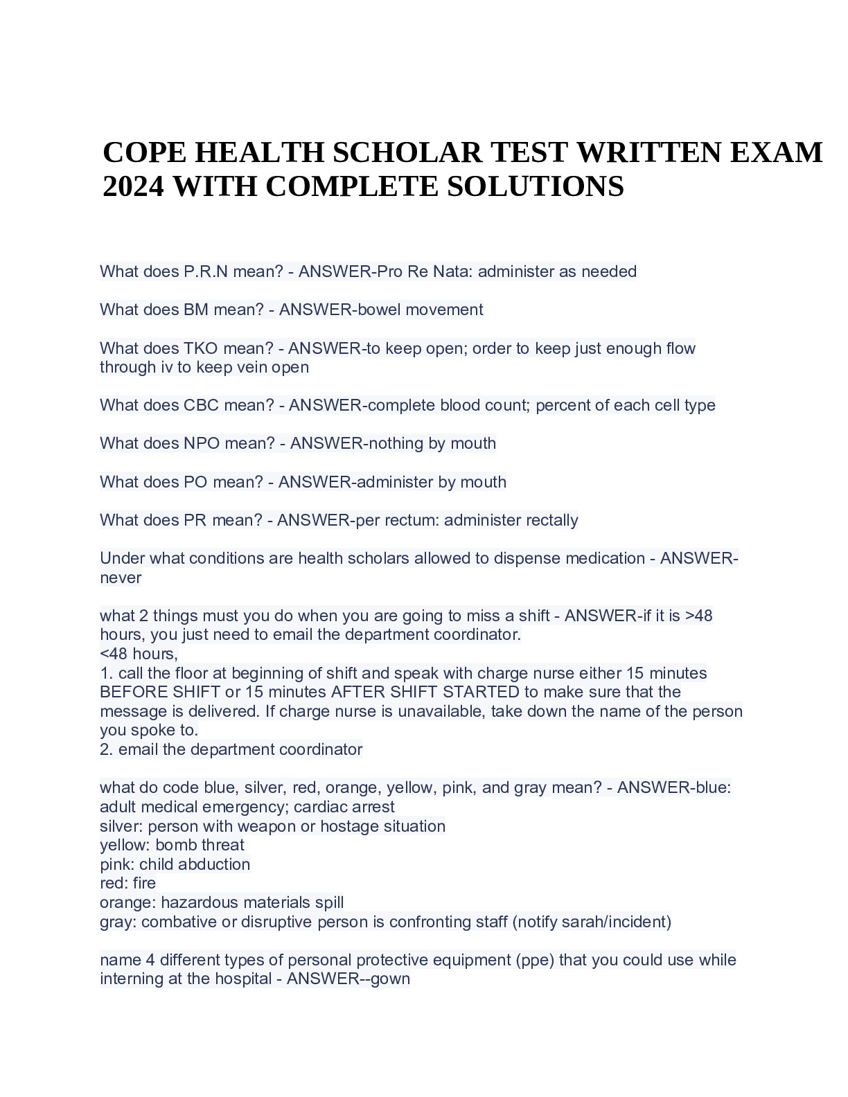 COPE HEALTH SCHOLAR TEST WRITTEN EXAM 2024 WITH COMPLETE SOLUTIONS ...