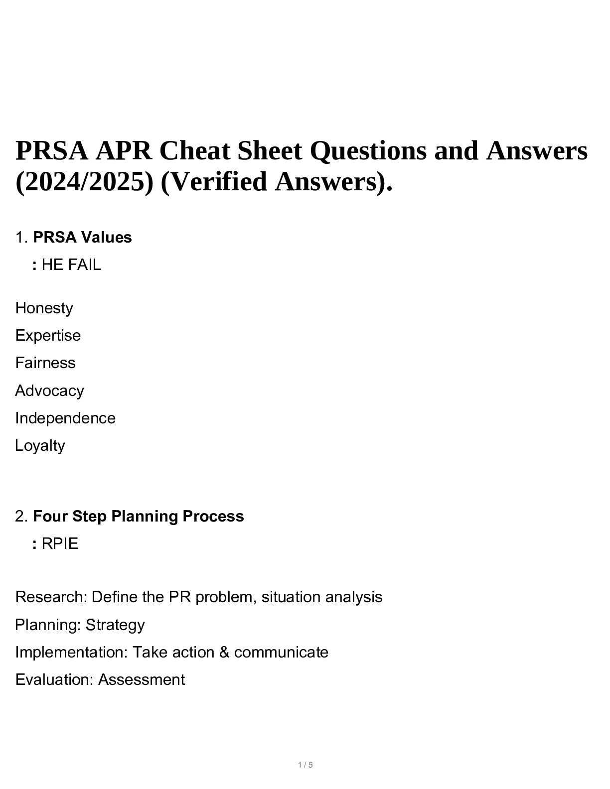 PRSA APR Cheat Sheet Questions and Answers (2024/2025) (Verified ...