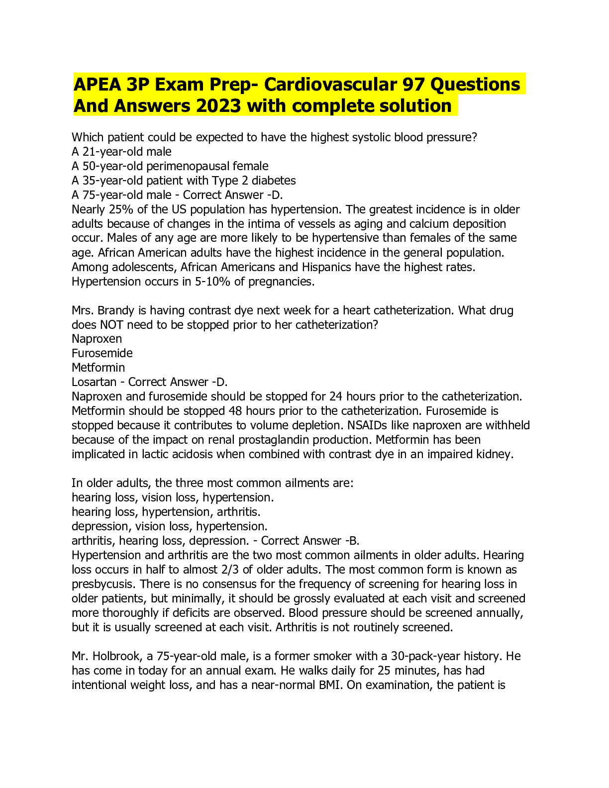 APEA AANP REVIEW QUESTIONS & ANSWERS, APEA 3P EXAM PREP-CARDIOVASCULAR 97 QUESTIONS AND ANSWERS ...