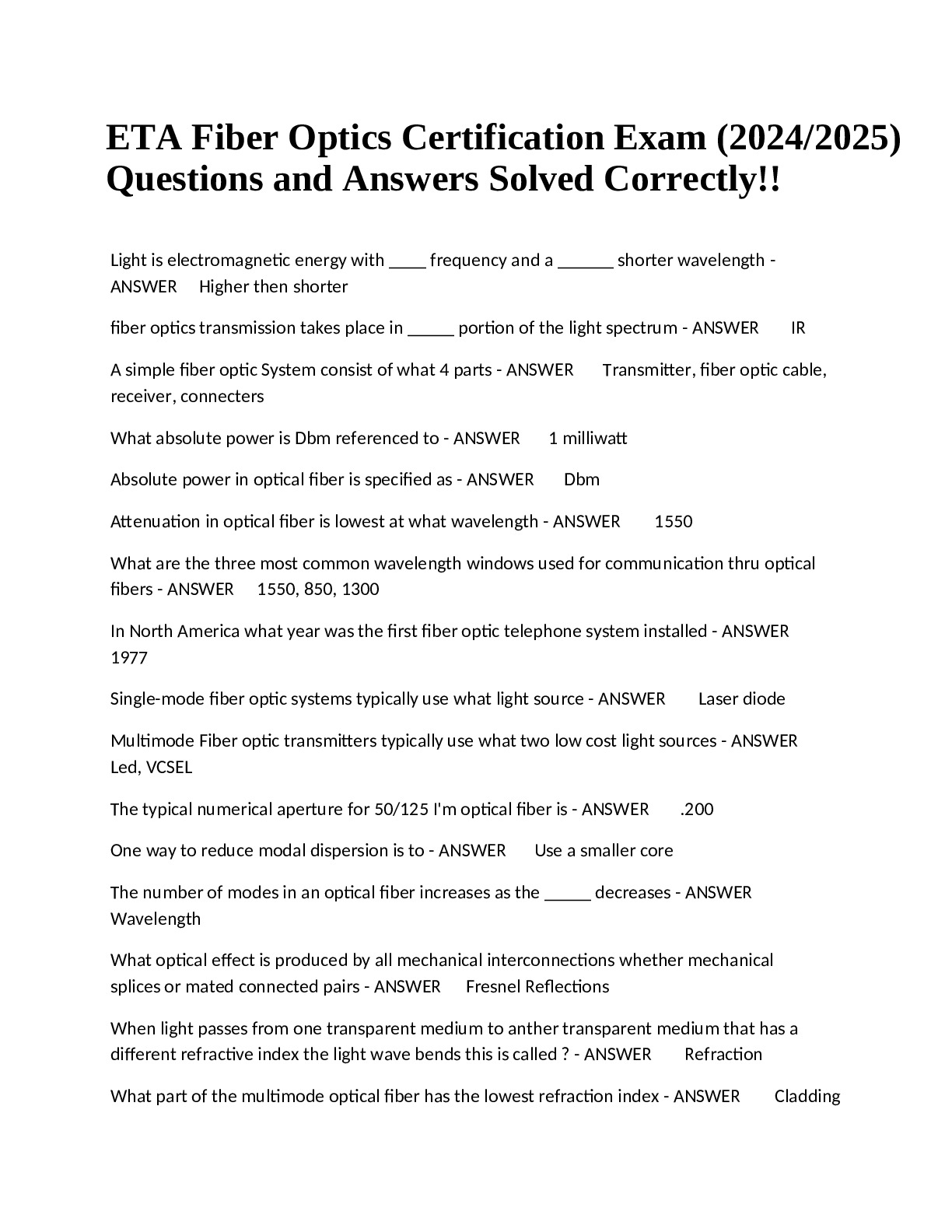 ETA Fiber Optics Certification Exam (2024/2025) Questions and Answers ... ETA Fiber Optics Certification Exam (2024/2025) Questions and Answers ...