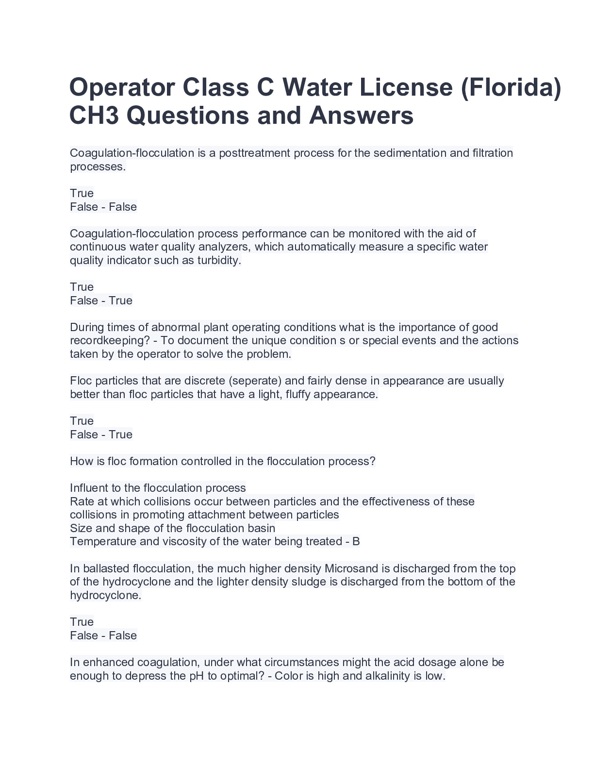 Operator Class C Water License (Florida) CH3 Questions and Answers ...