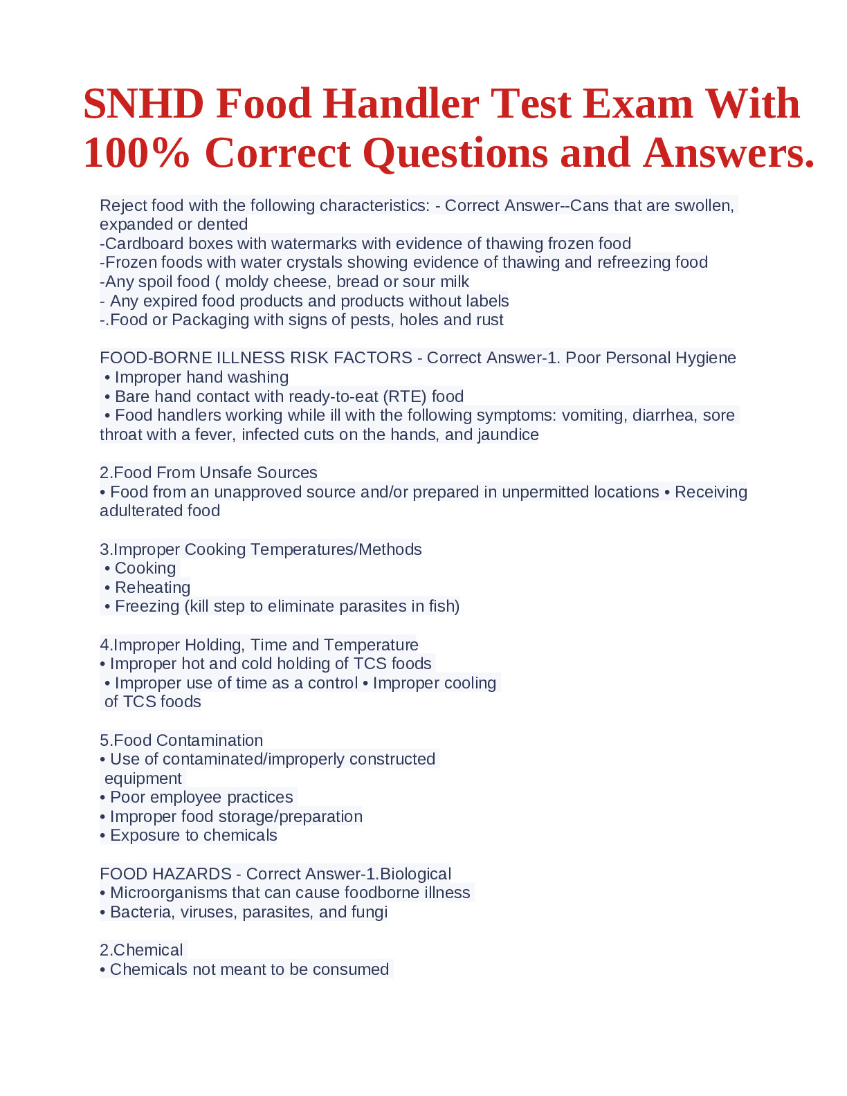SNHD Food Handler Test Exam With 100% Correct Questions and Answers ...