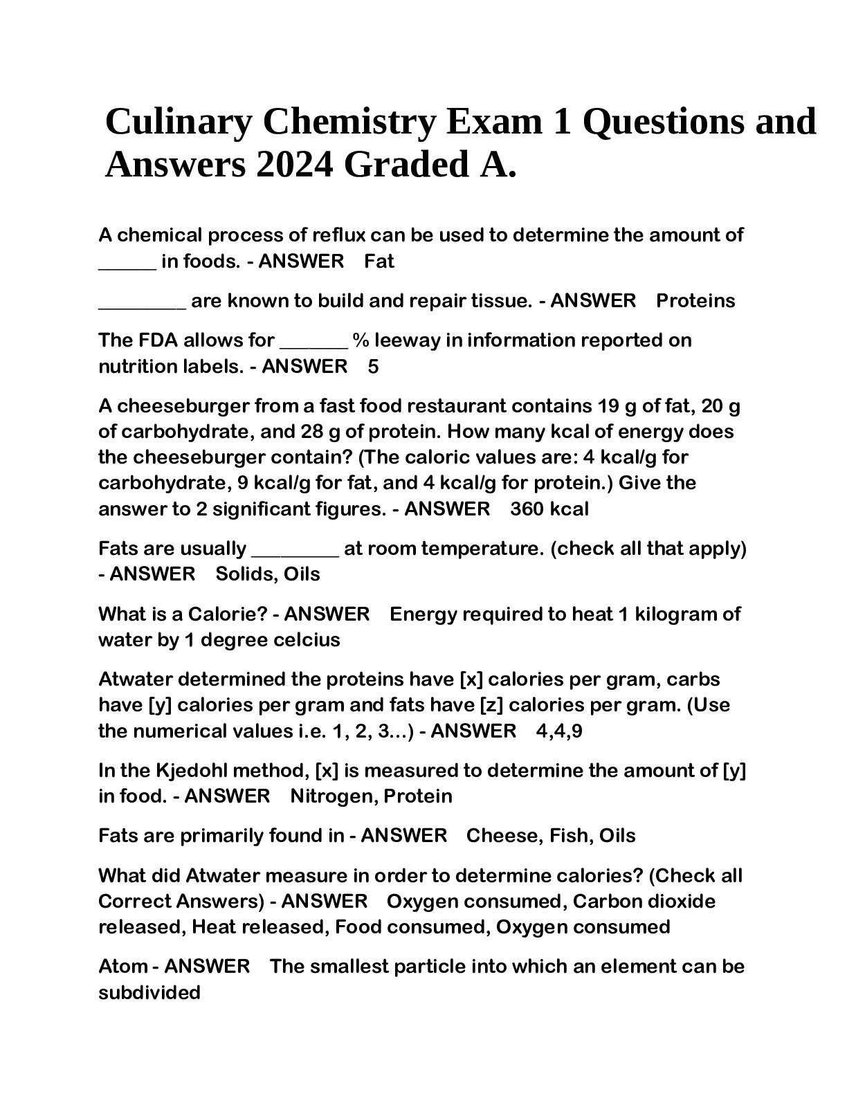 Culinary Chemistry Exam 1 Questions and Answers 2024 Graded A. - DocMerit