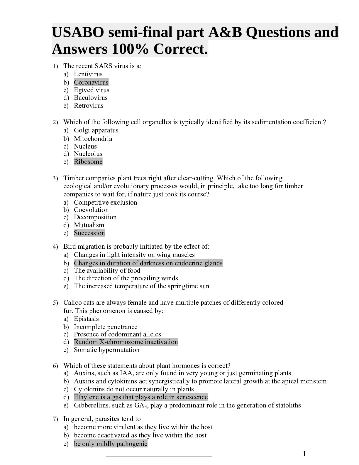 USABO SEMI-FINAL PART A&B QUESTIONS AND ANSWERS, USABO OPEN FINAL EXAM ...