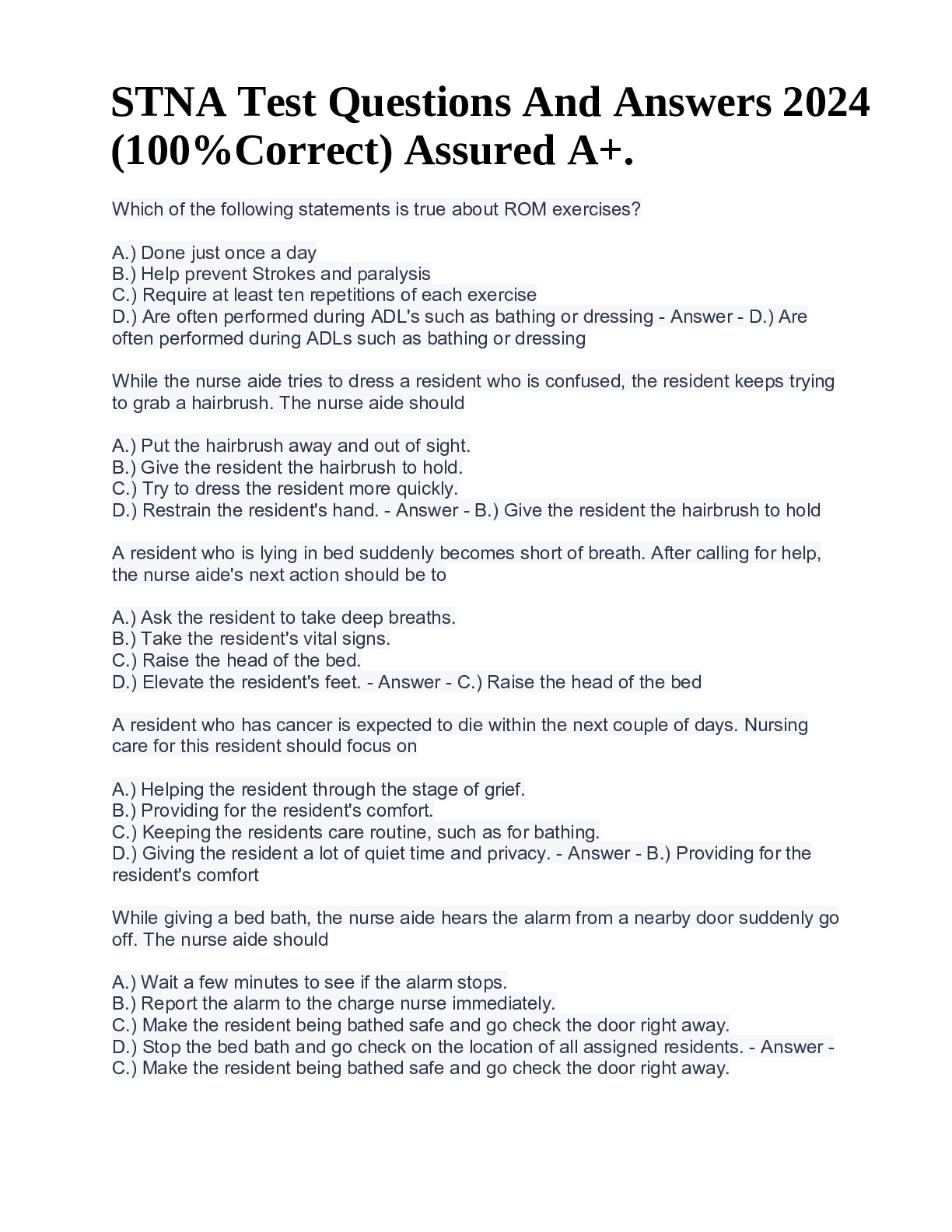 STNA TEST QUESTIONS AND ANSWERS 2024 (100%CORRECT) ASSURED A+ & STNA ...