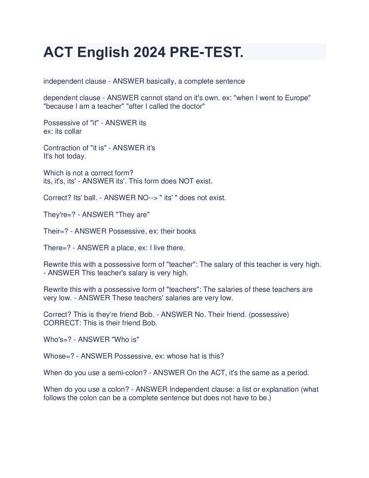 ACT English Cheat Sheet. - DocMerit