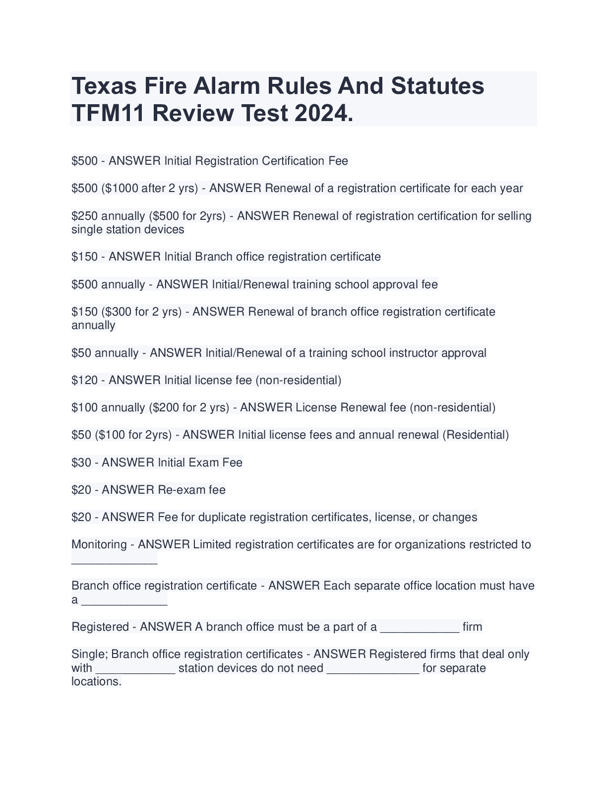 Texas Fire Alarm Rules And Statutes TFM11 Review Test 2024. - DocMerit