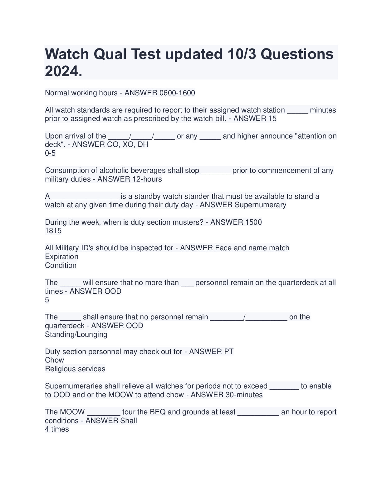 Watch Qual Test updated 10/3 Questions 2024. - DocMerit