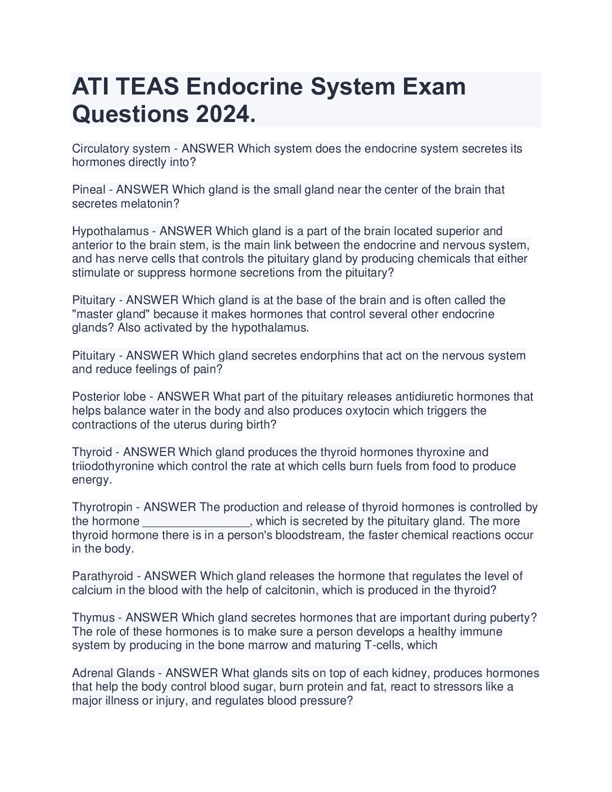 ATI TEAS Endocrine System Exam Questions 2024. - DocMerit
