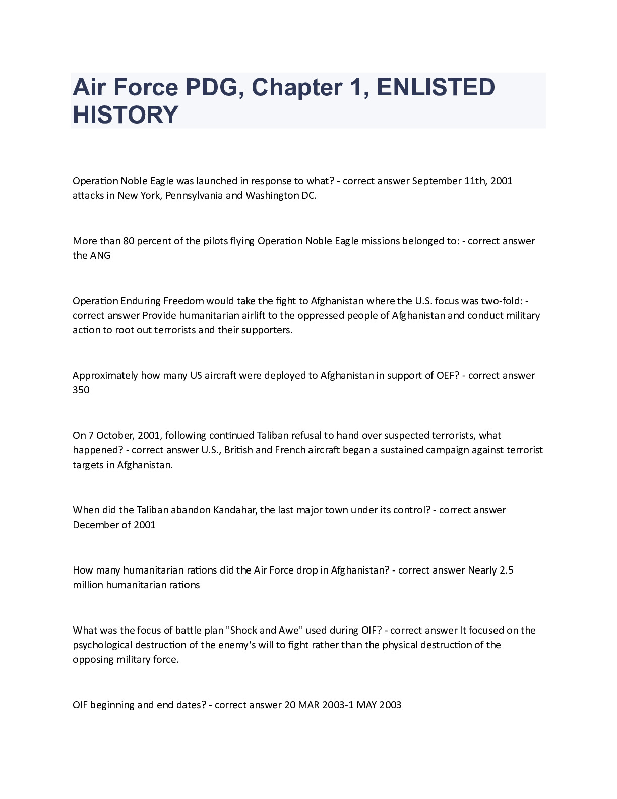 Air Force PDG, Chapter 1, ENLISTED HISTORY Question & Answer 2024 ...