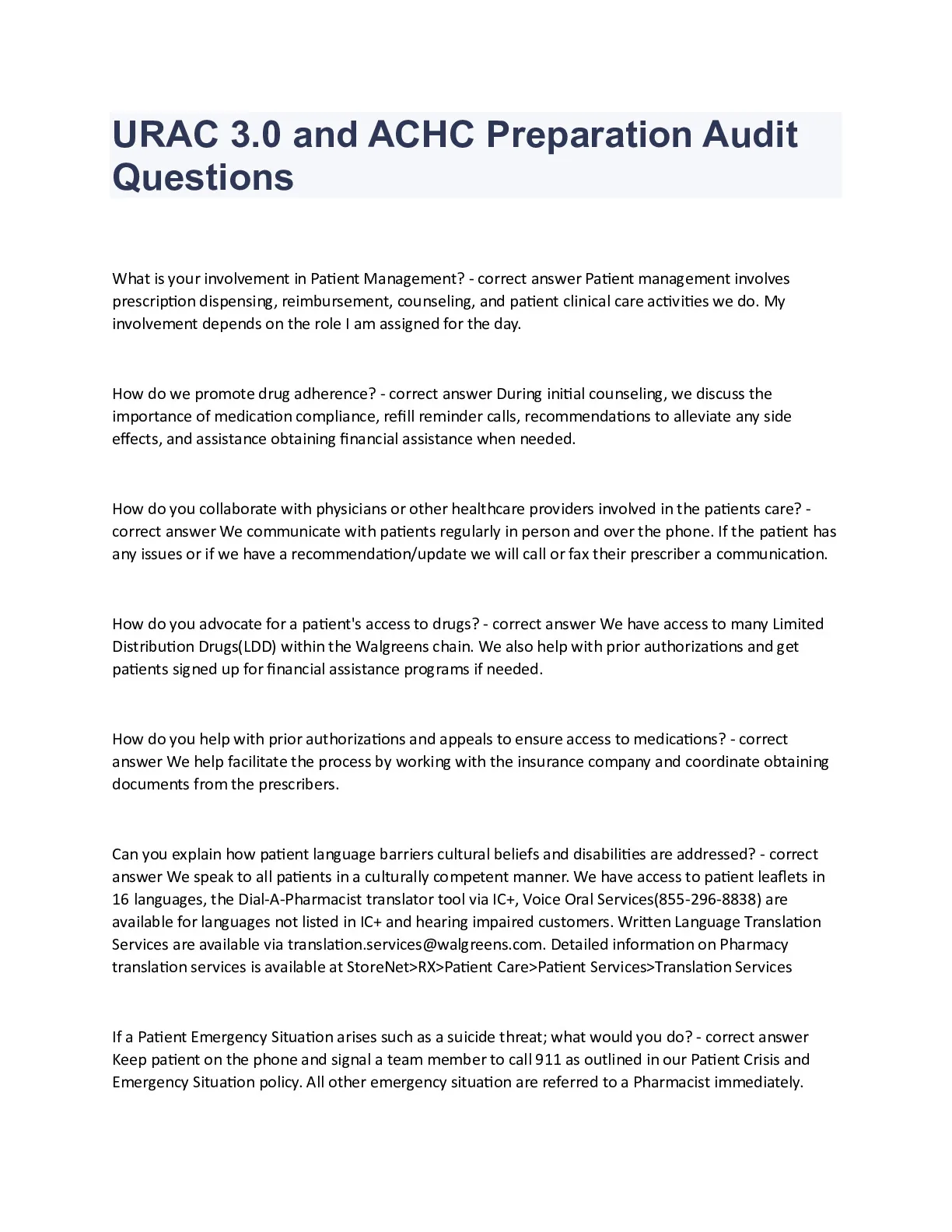 URAC 3.0 And ACHC Preparation Audit Questions and Answers 2024. - DocMerit