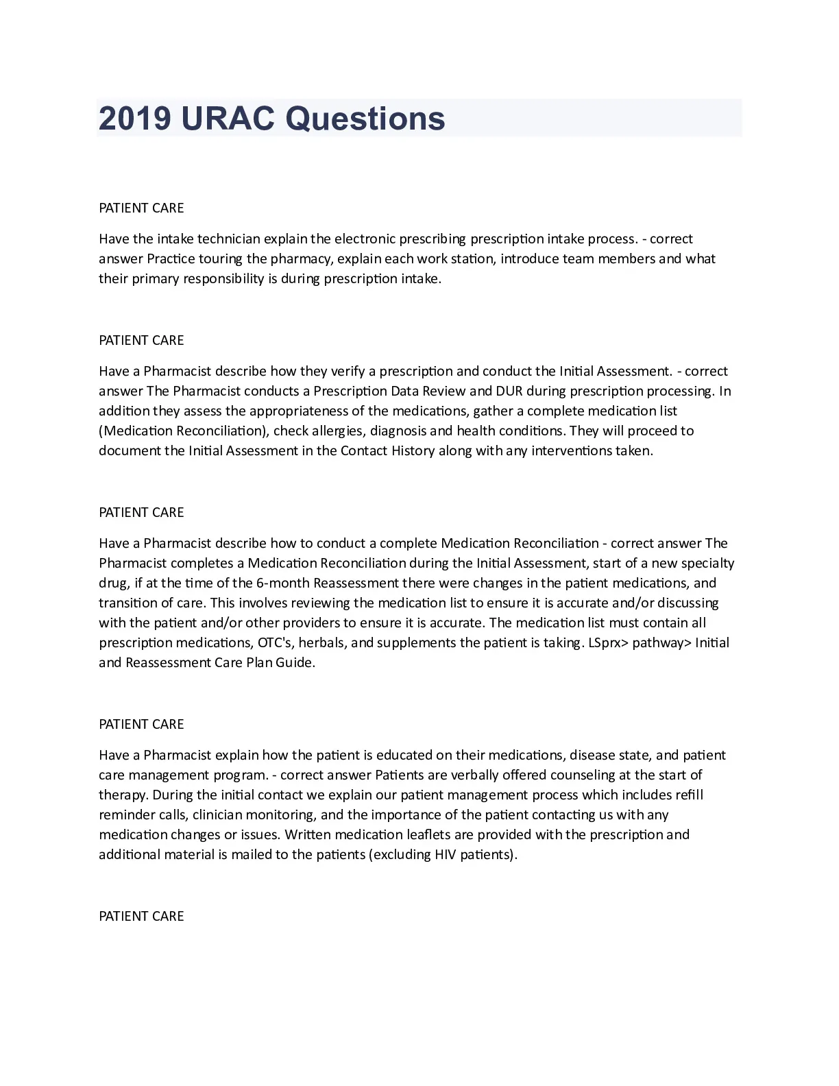 2019 URAC Questions Correctly Answered 2024. - DocMerit
