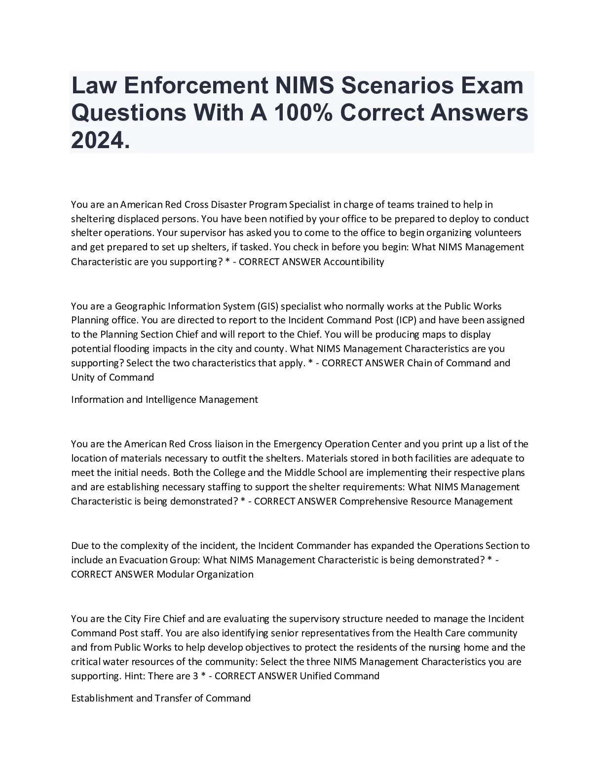 Law Enforcement NIMS Scenarios Exam Questions With A Answers 2024 ...
