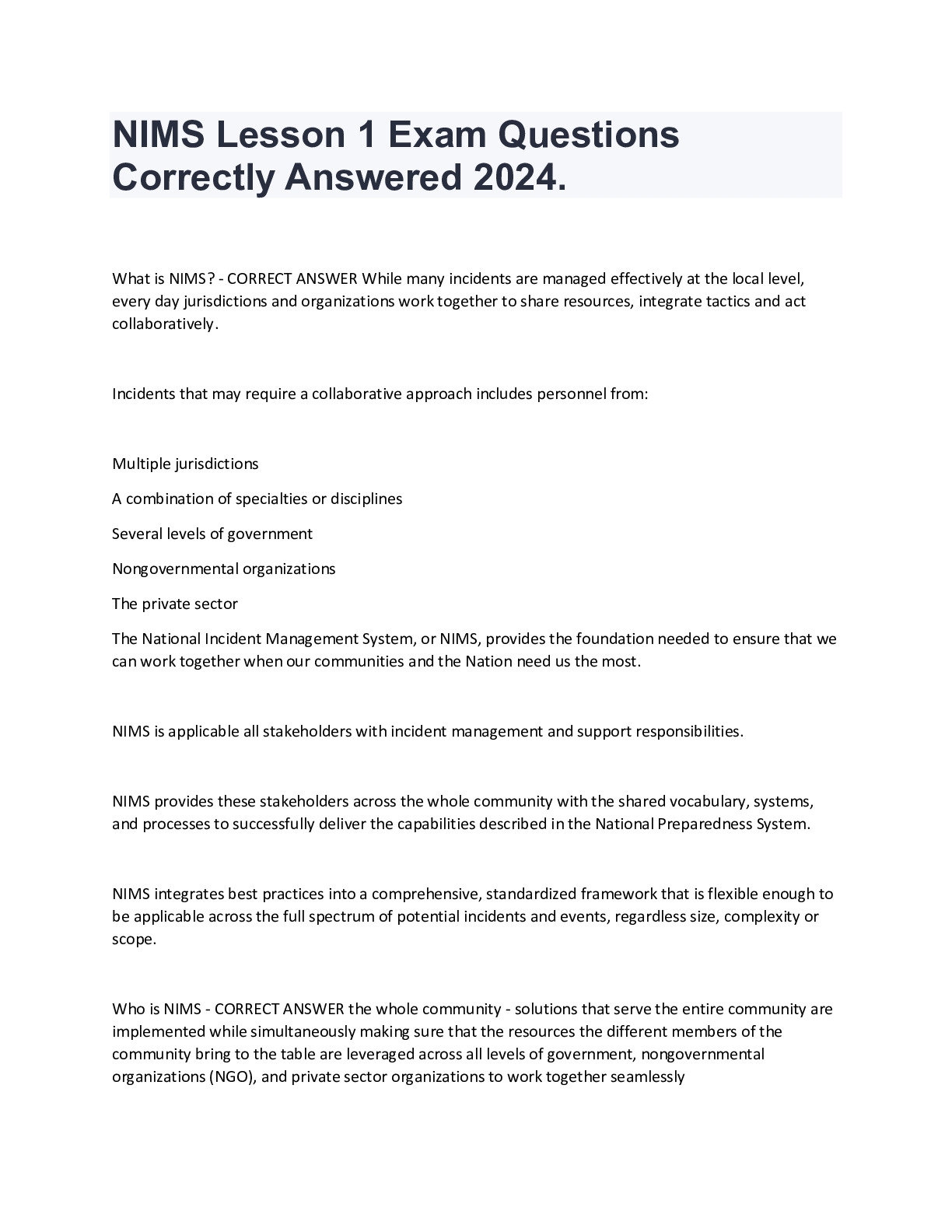 NIMS Lesson 1 Exam Questions Correctly Answered 2024. - DocMerit