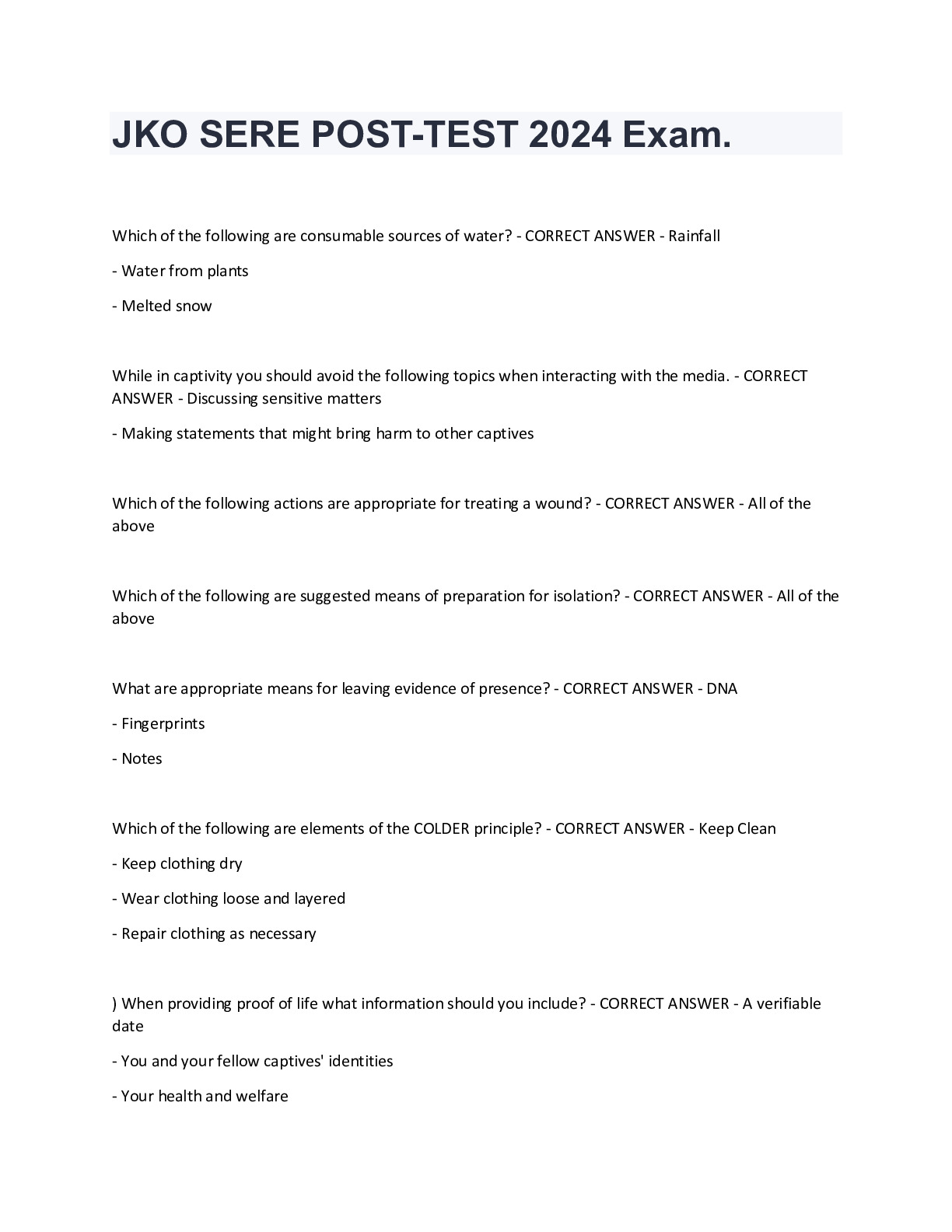 JKO SERE POST-TEST 2024 Exam. - DocMerit