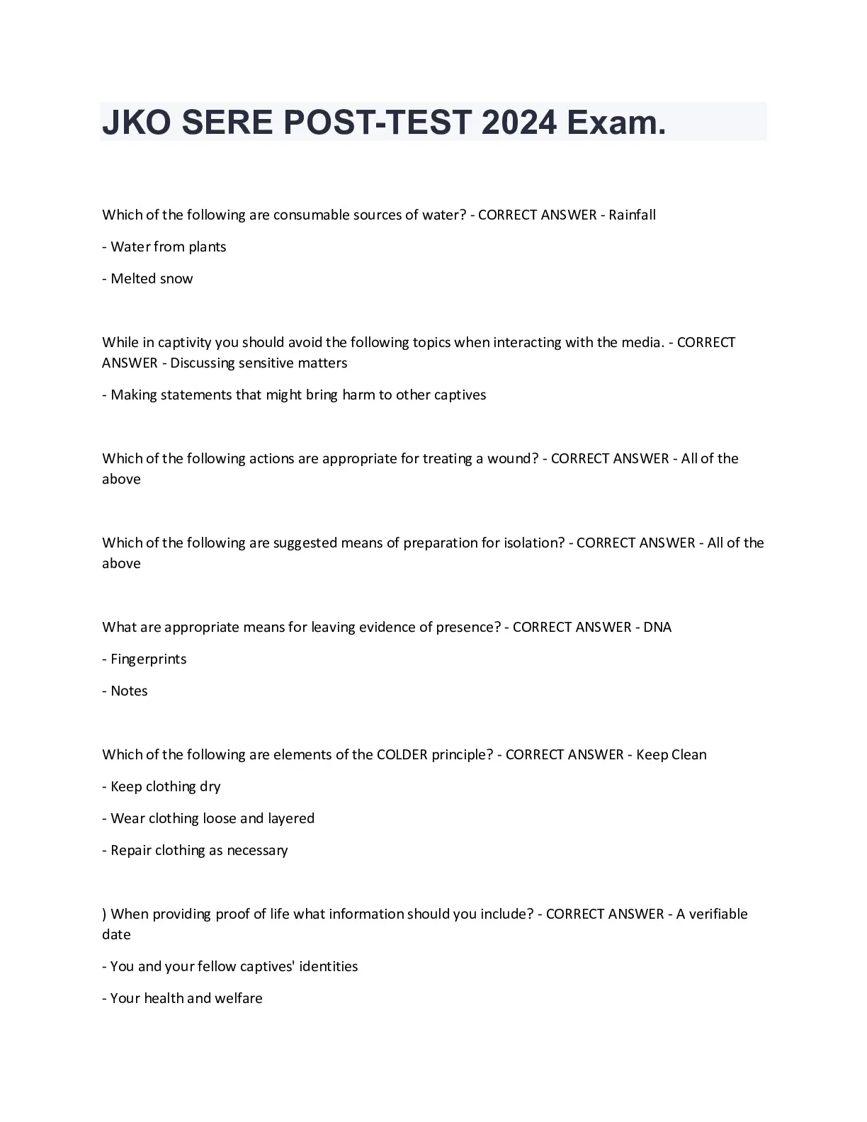 JKO SERE POST-TEST 2024 Exam. - DocMerit