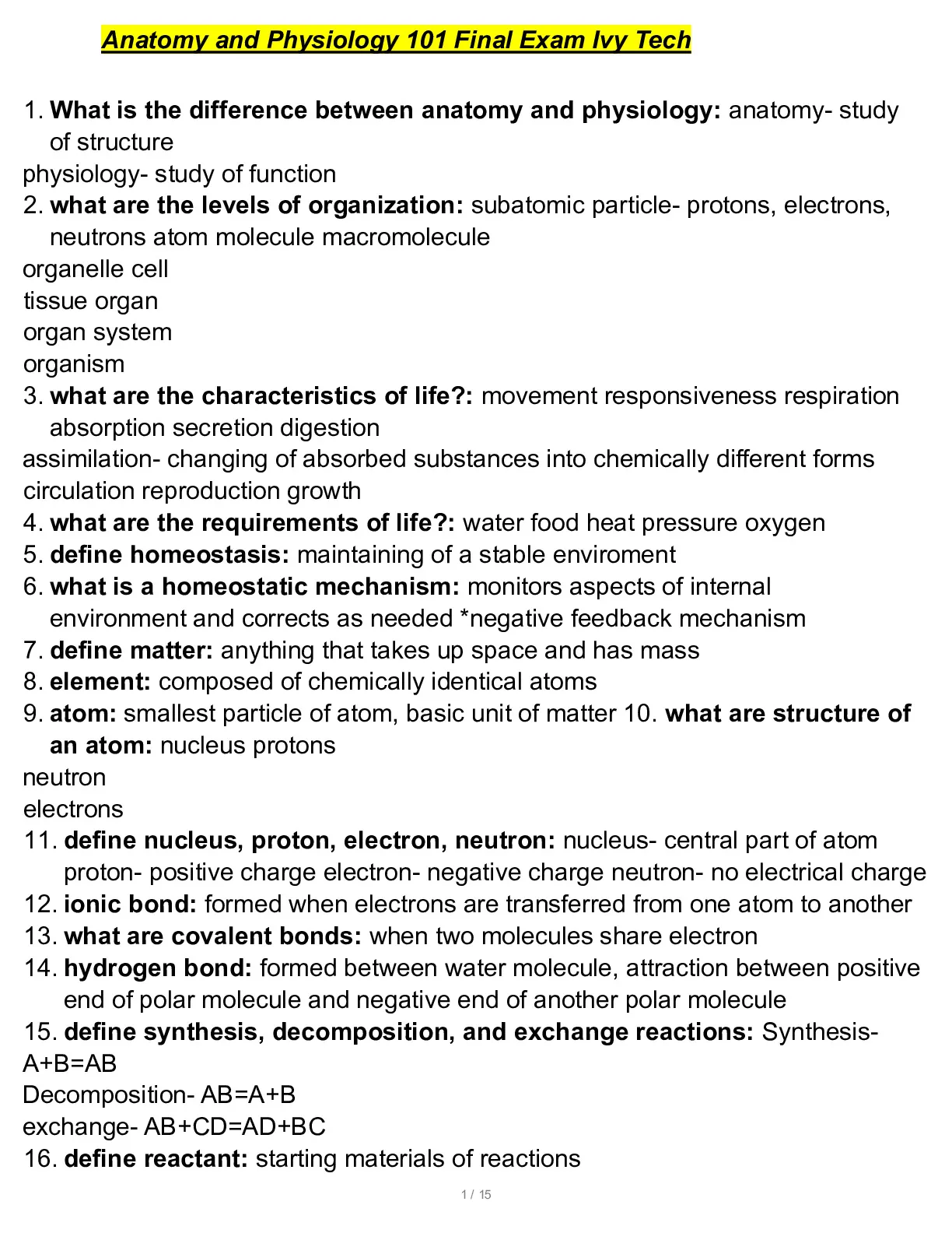 Anatomy and Physiology 101 Final Exam Ivy Tech - DocMerit