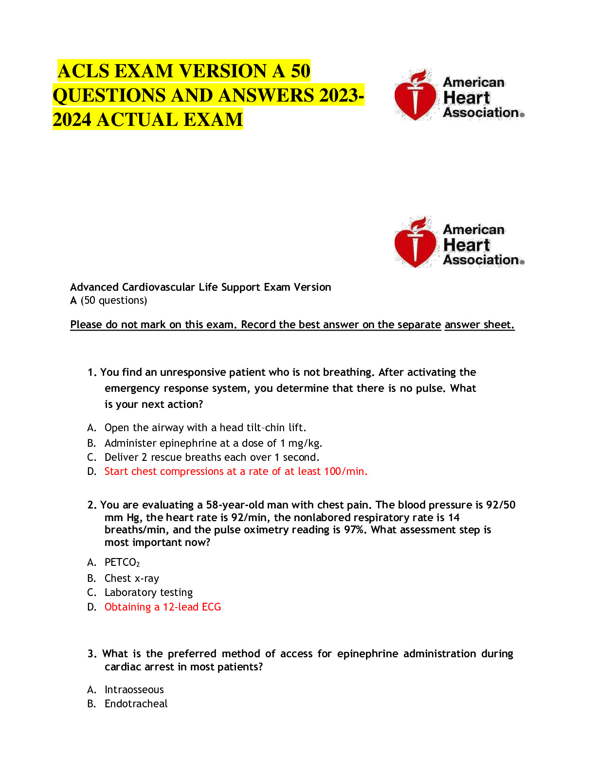 ACLS EXAM VERSION A 50 QUESTIONS AND ANSWERS 2023- 2024 ACTUAL EXAM ...