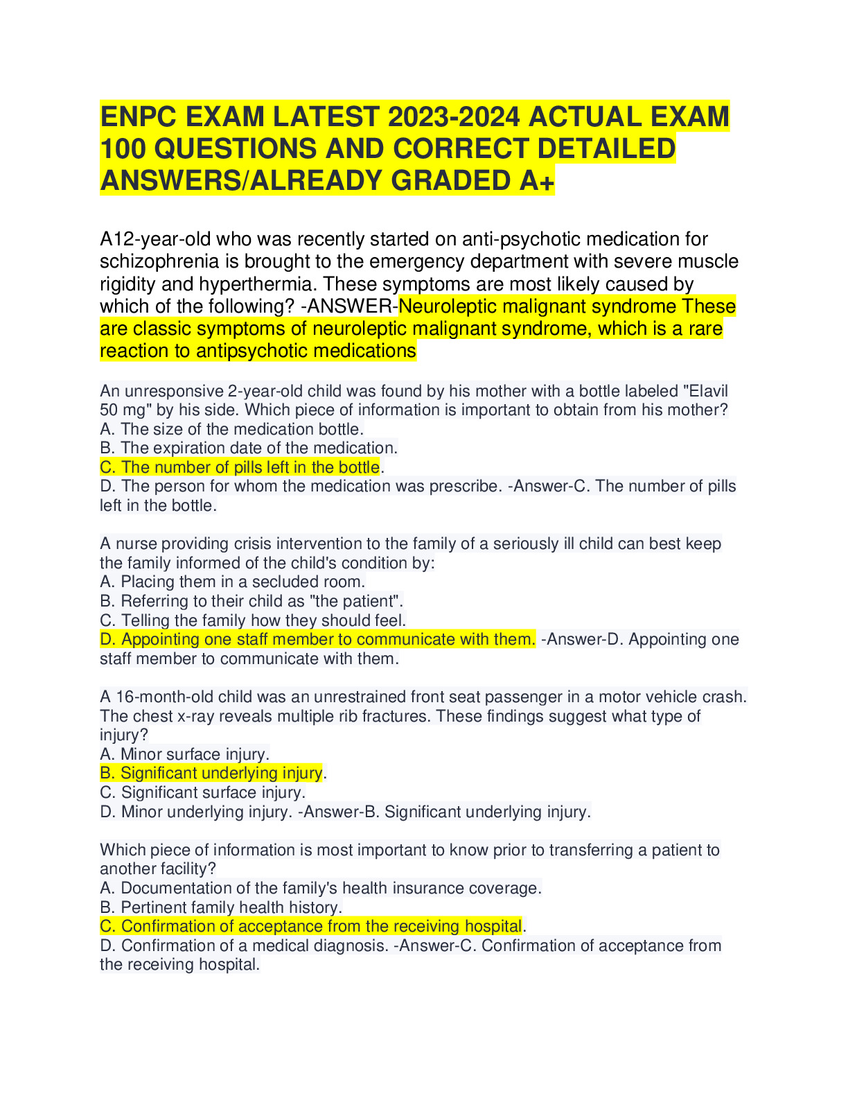 ENPC EXAM LATEST 2023-2024 ACTUAL EXAM 100 QUESTIONS AND CORRECT ... ENPC EXAM LATEST 2023-2024 ACTUAL EXAM 100 QUESTIONS AND CORRECT ...