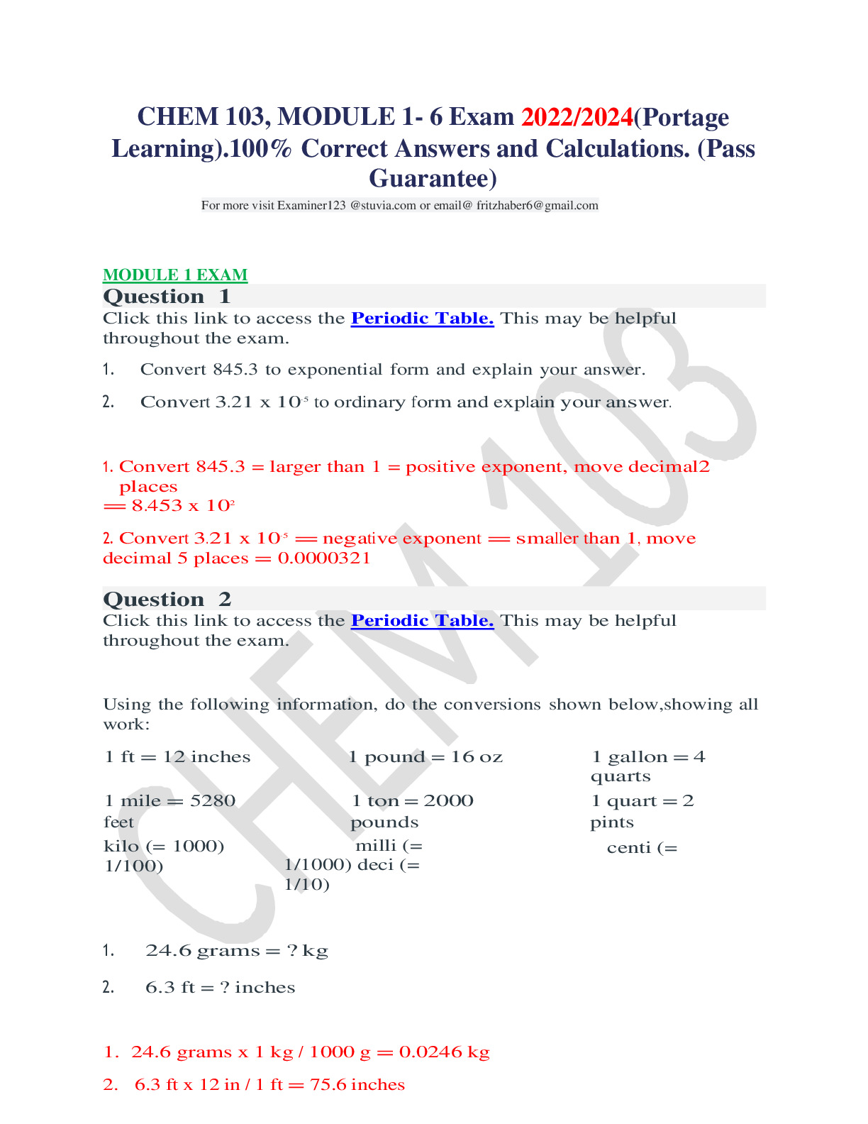 CHEM 103 MODULE 1- 6 Exam 2022-2024(Portage Learning100 Correct Answers ...