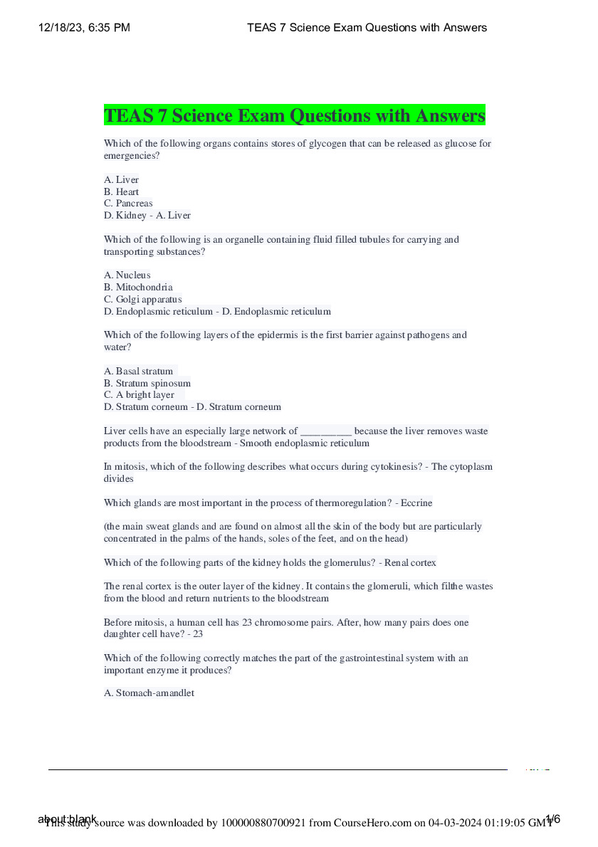 TEAS 7 Science Exam Questions with Answers - DocMerit