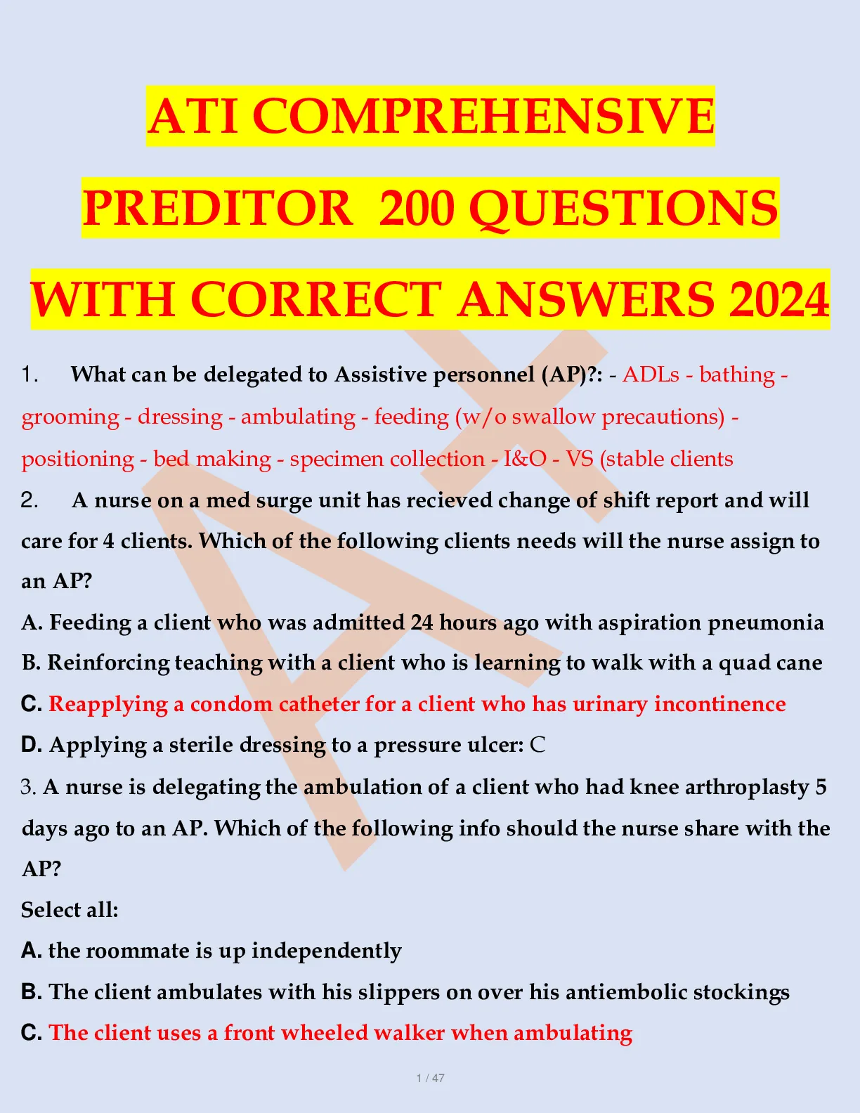 ATI COMPREHENSIVE PREDITOR 200 QUESTIONS WITH CORRECT ANSWERS 2024 ...