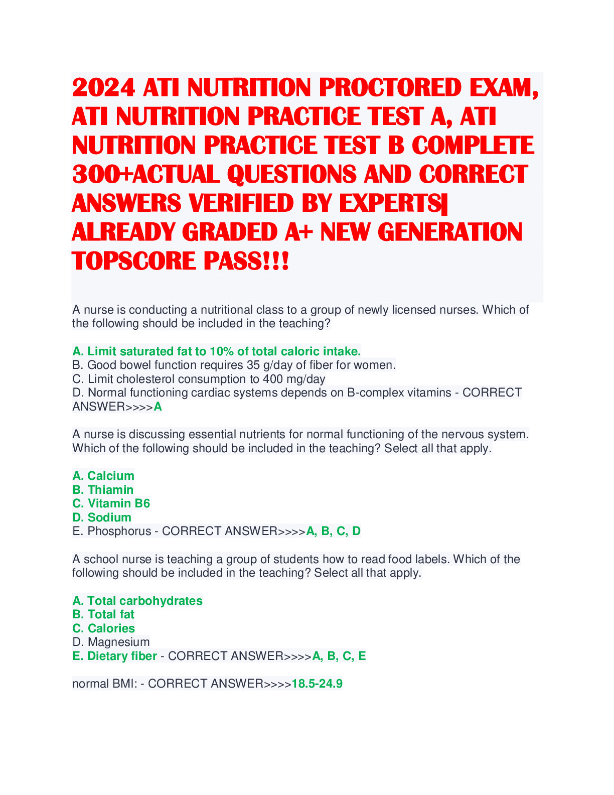 2024 ATI NUTRITION PROCTORED EXAM, ATI NUTRITION PRACTICE TEST A, ATI ...
