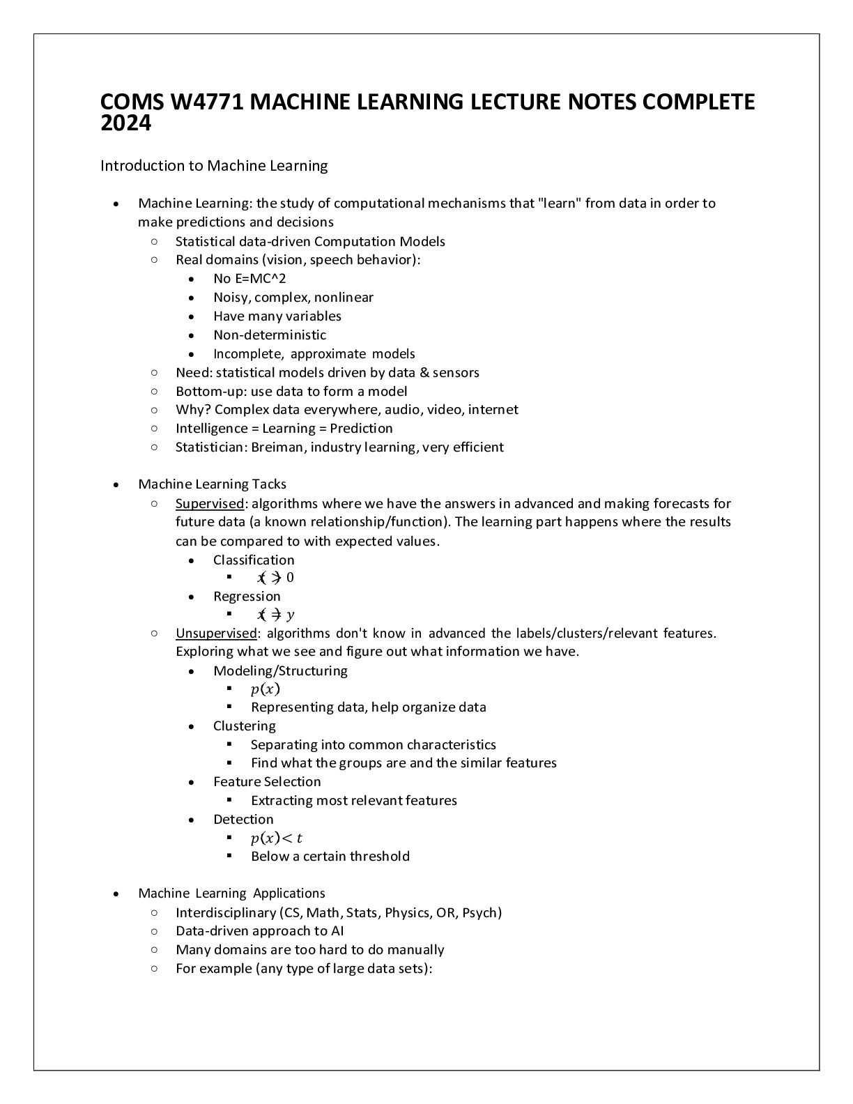 COMS W4771 MACHINE LEARNING LECTURE NOTES 2024. - DocMerit