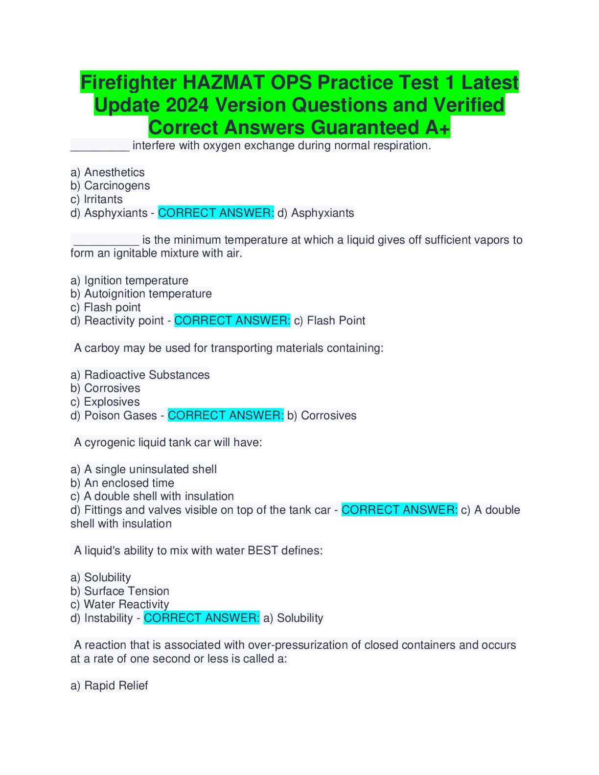 Firefighter Hazmat Ops Practice Test 1 Latest Update 2024 Version