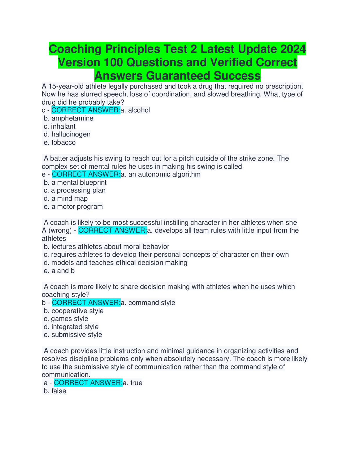 COACHING PRINCIPLES TEST PART I LATEST UPDATE 2024, COACHING PRINCIPLES ...