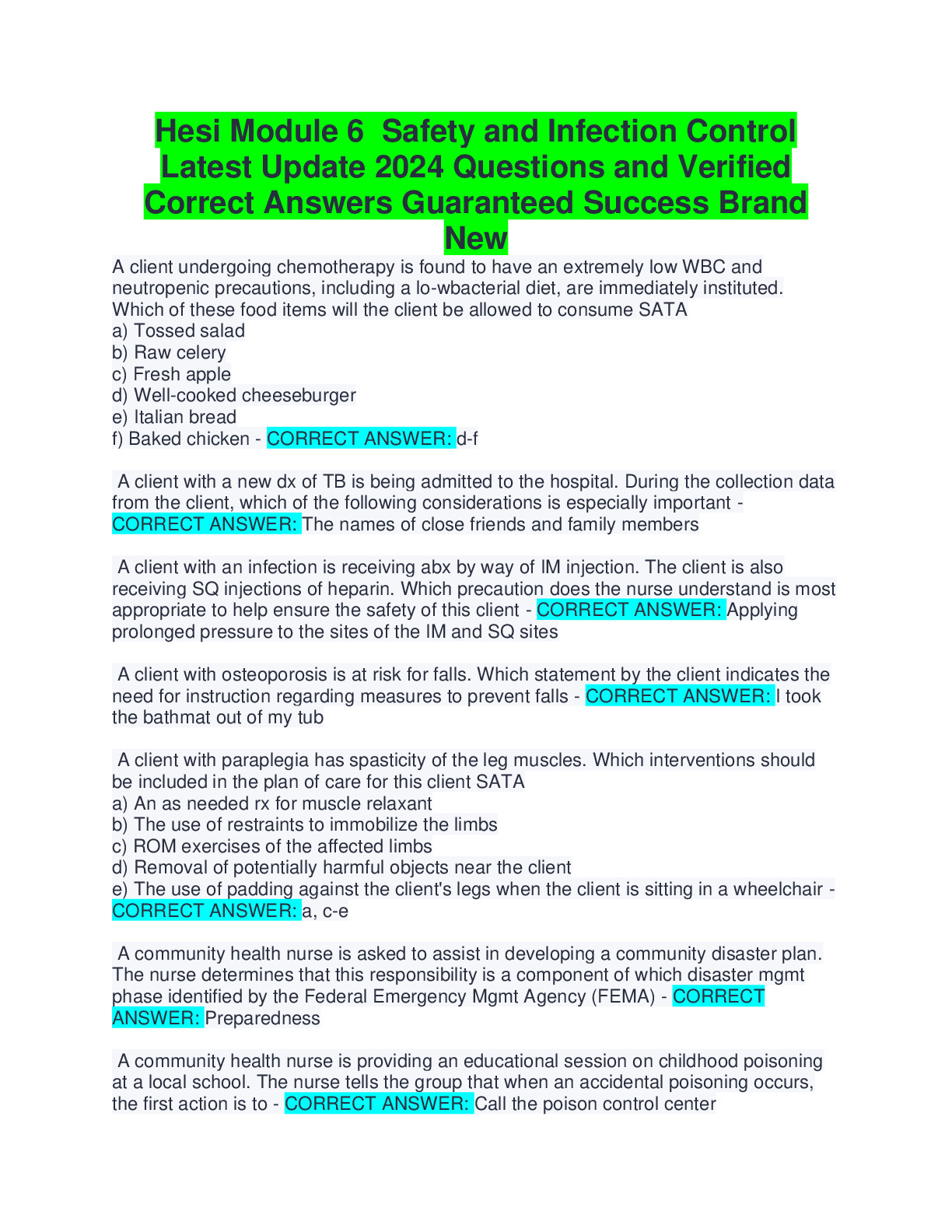 HESI MODULE 6 SAFETY AND INFECTION CONTROL LATEST UPDATE 2024 ...