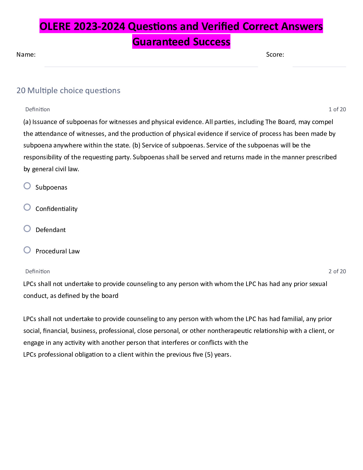 OLERE STUDY GUIDE LATEST UPDATE 2024 OLERE 2023-2024 QUESTIONS AND ...