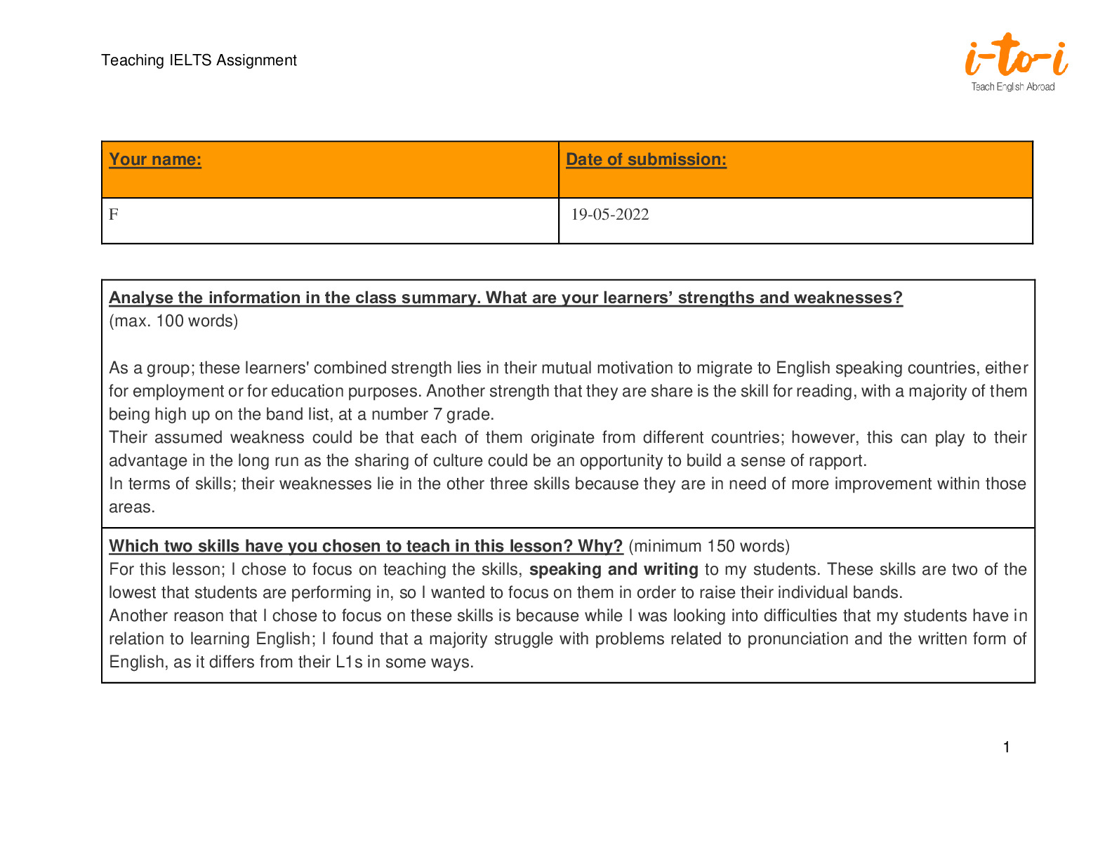 PASSED I.TO.I TEFL IELTS lesson plan assignment 2024 Update Already ...